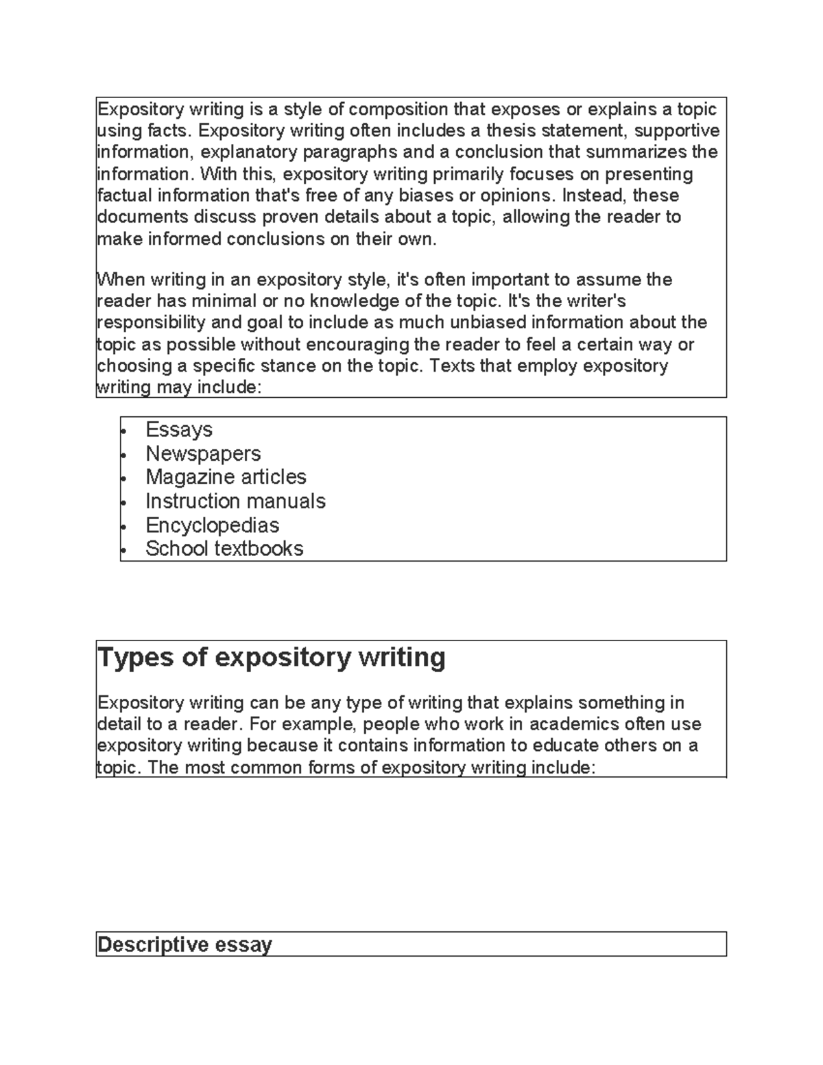 Expository writing - Expository writing often includes a thesis ...