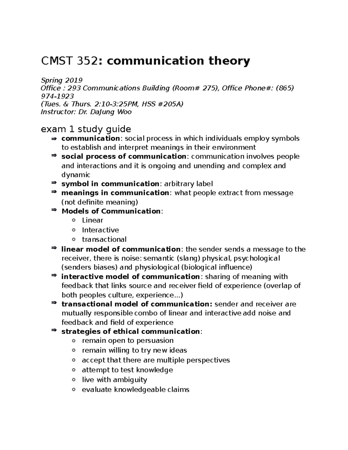 CMST352 Exam 1 Study Guide - CMST 352: communication theory Spring 2019 ...