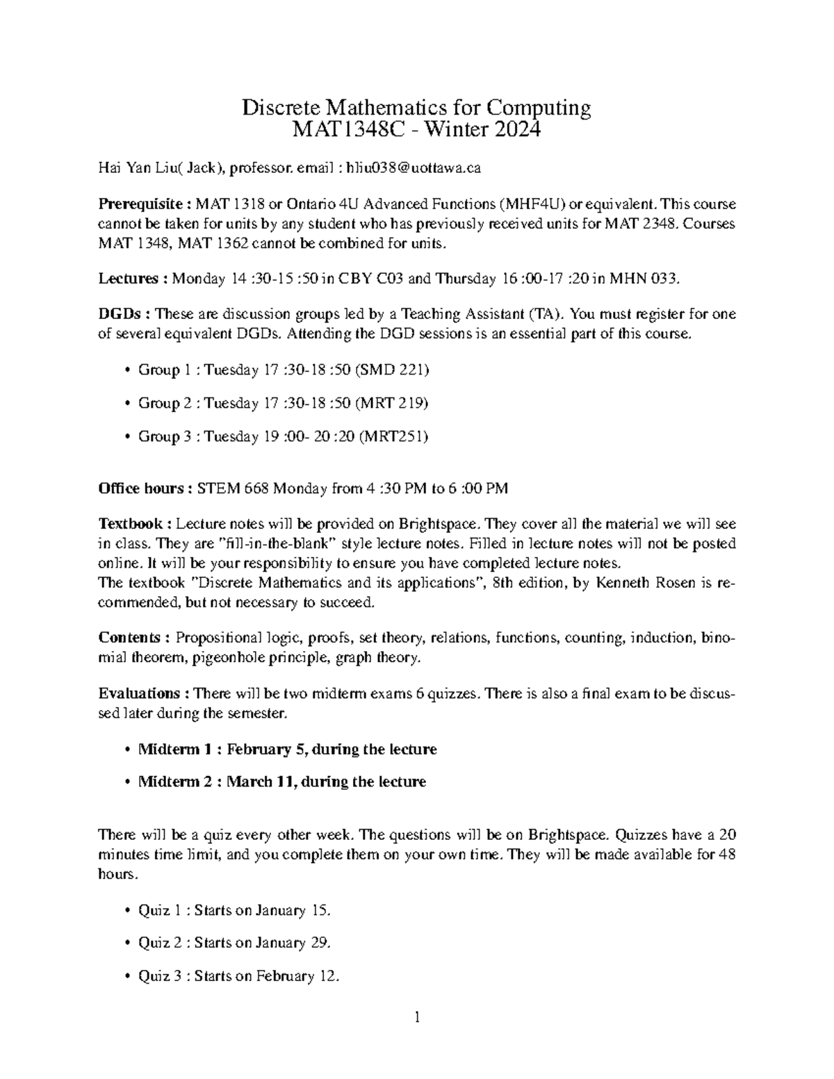 Syllabus MAT1348 - Discrete Mathematics for Computing MAT1348C - Winter ...