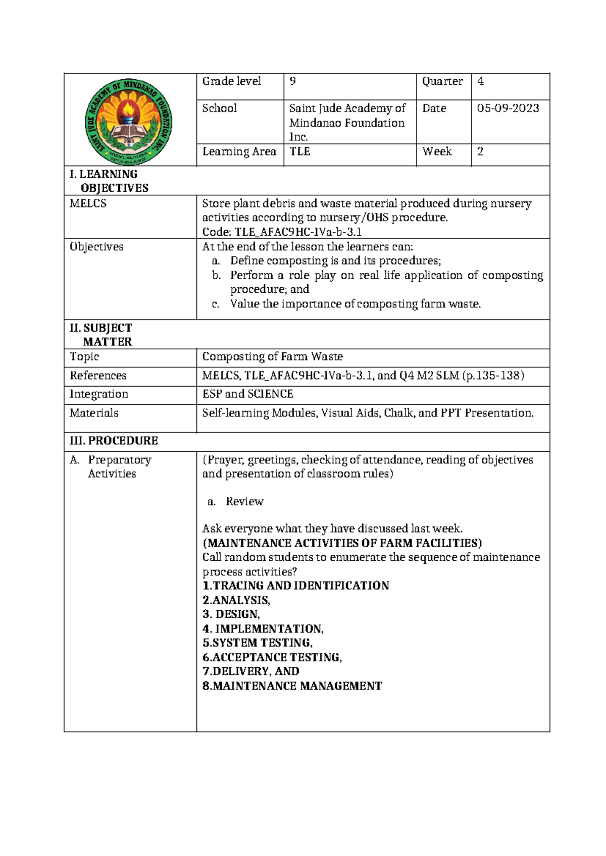 Lesson PLAN IN TLE Grade 9 - Grade level 9 Quarter 4 School Saint Jude ...