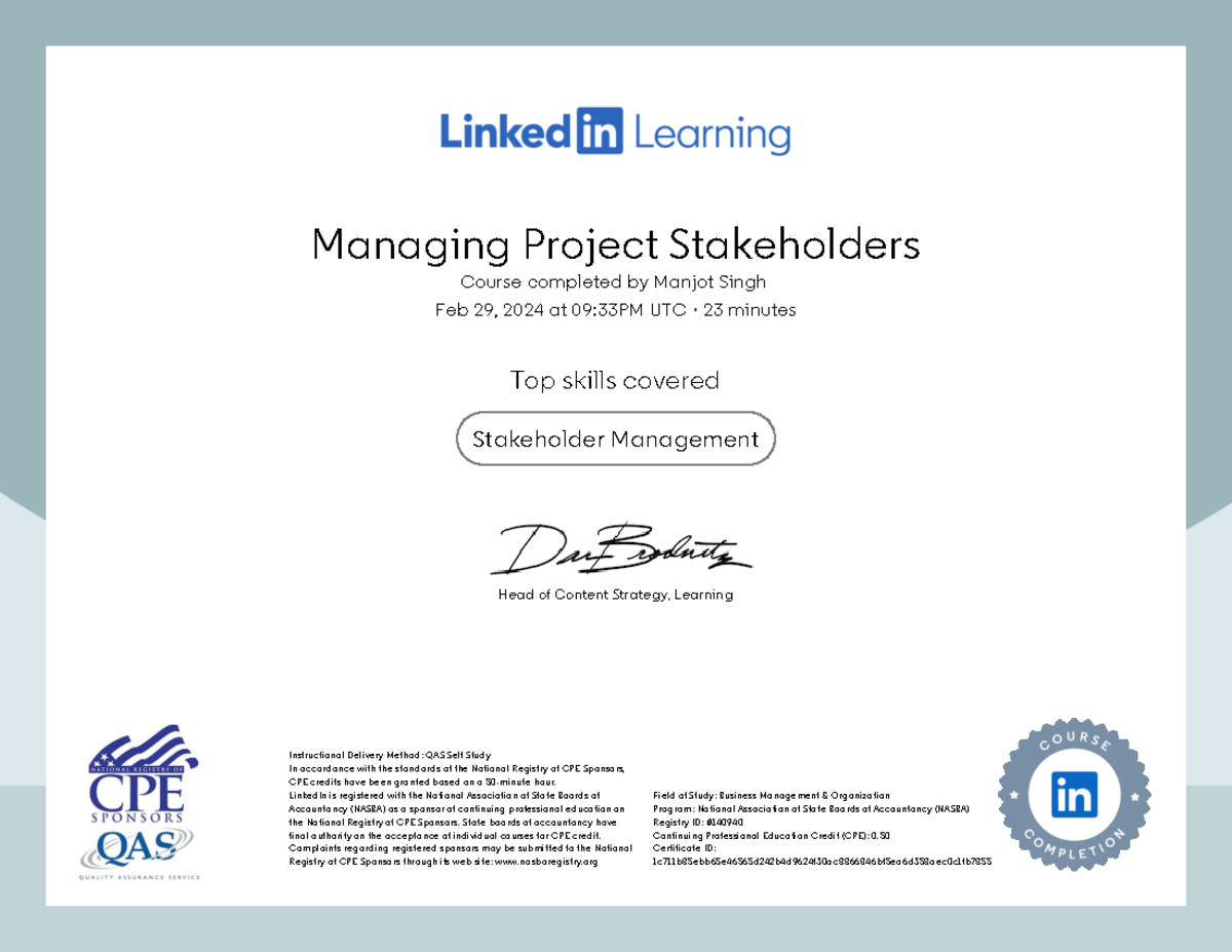 Certificate Of Completion Managing Project Stakeholders - Managing ...