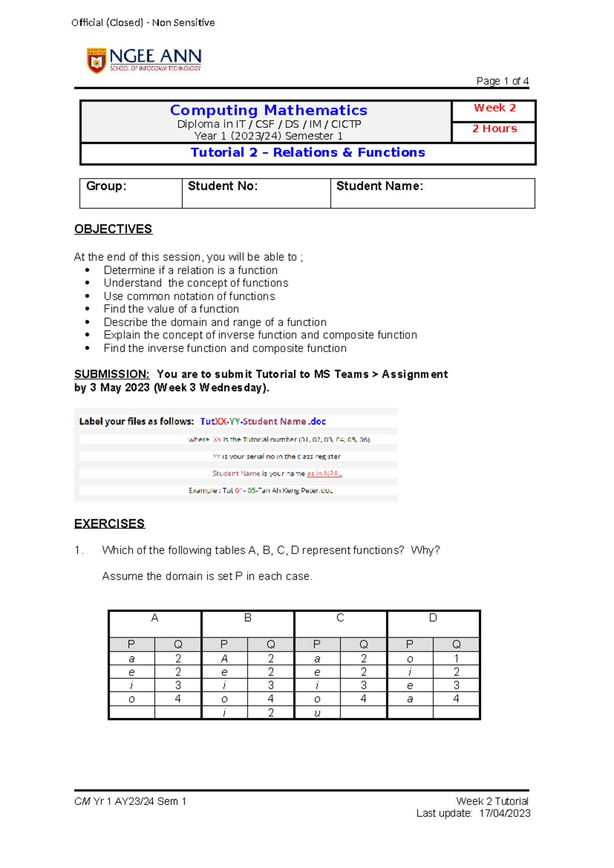 2023-Tutorial 2(Relations&Functions) - Page 1 of 4 Computing Mathematics Diploma in IT / CSF ...