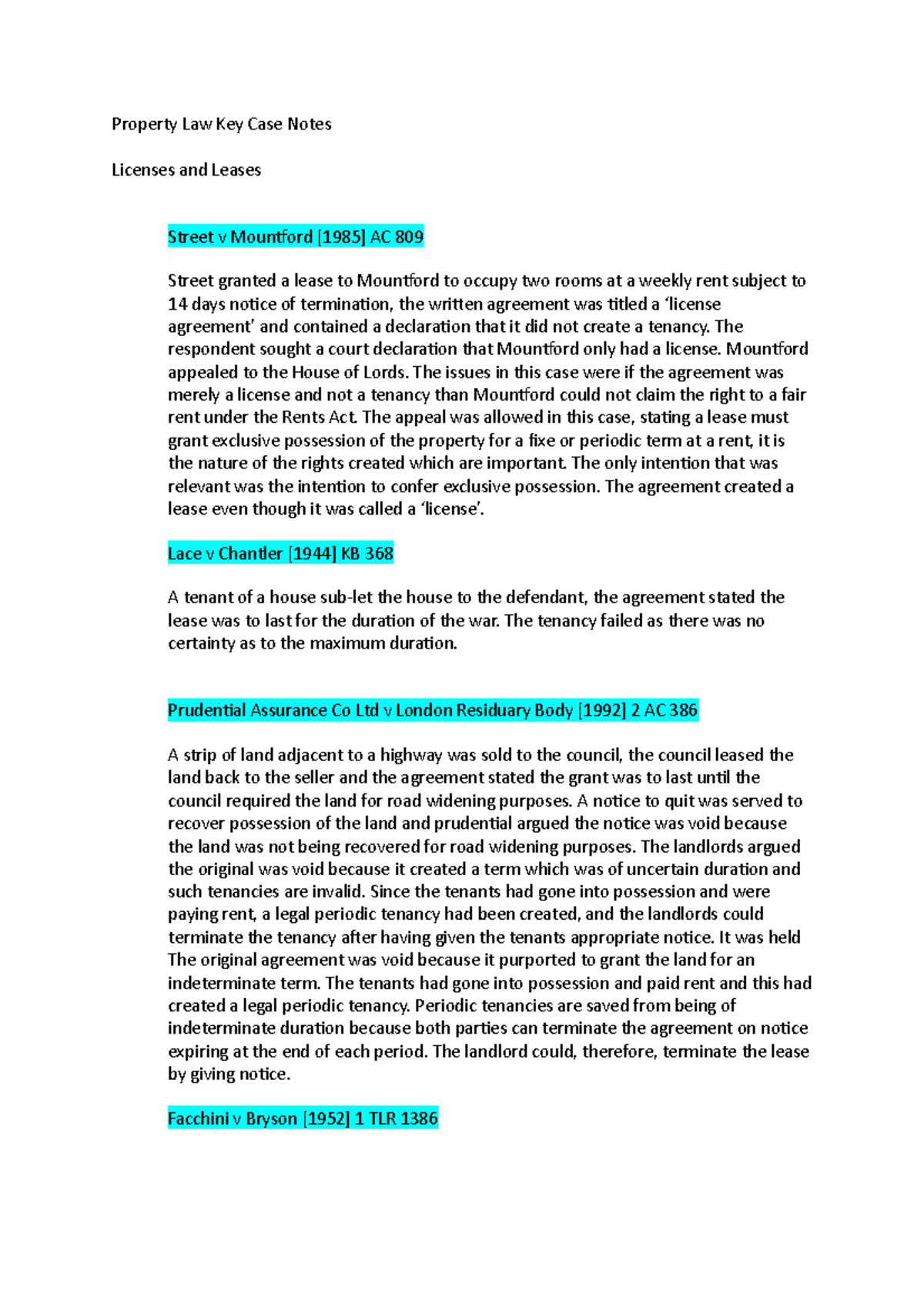 Property Law Key Case Notes - Property Law Key Case Notes Licenses and ...