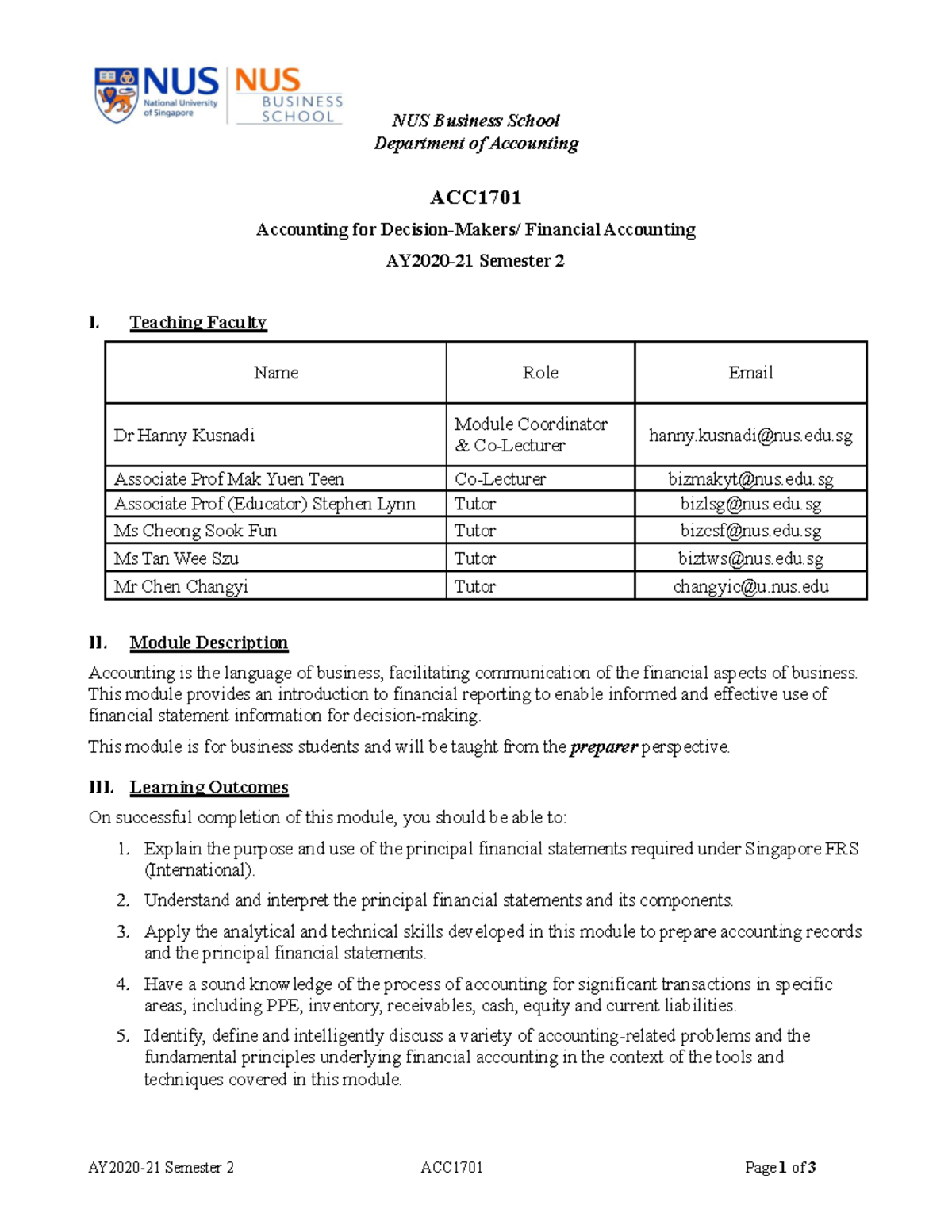 ACC 1701 Module Syllabus - AY2020-21 Semester 2 ACC1701 Page 1 of 3 NUS Business School ...