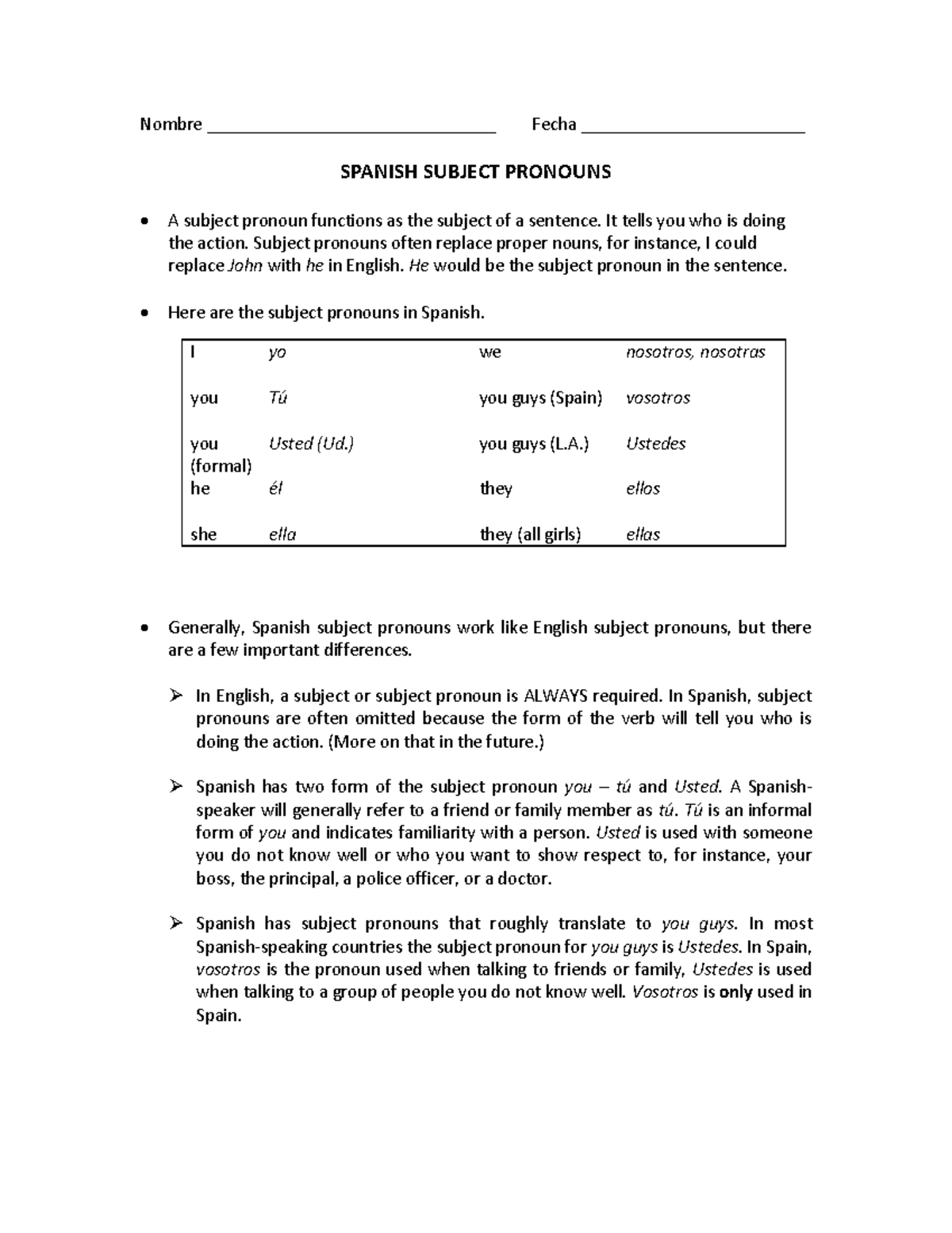 Subject pronoun notes and worksheets - Nombre ...