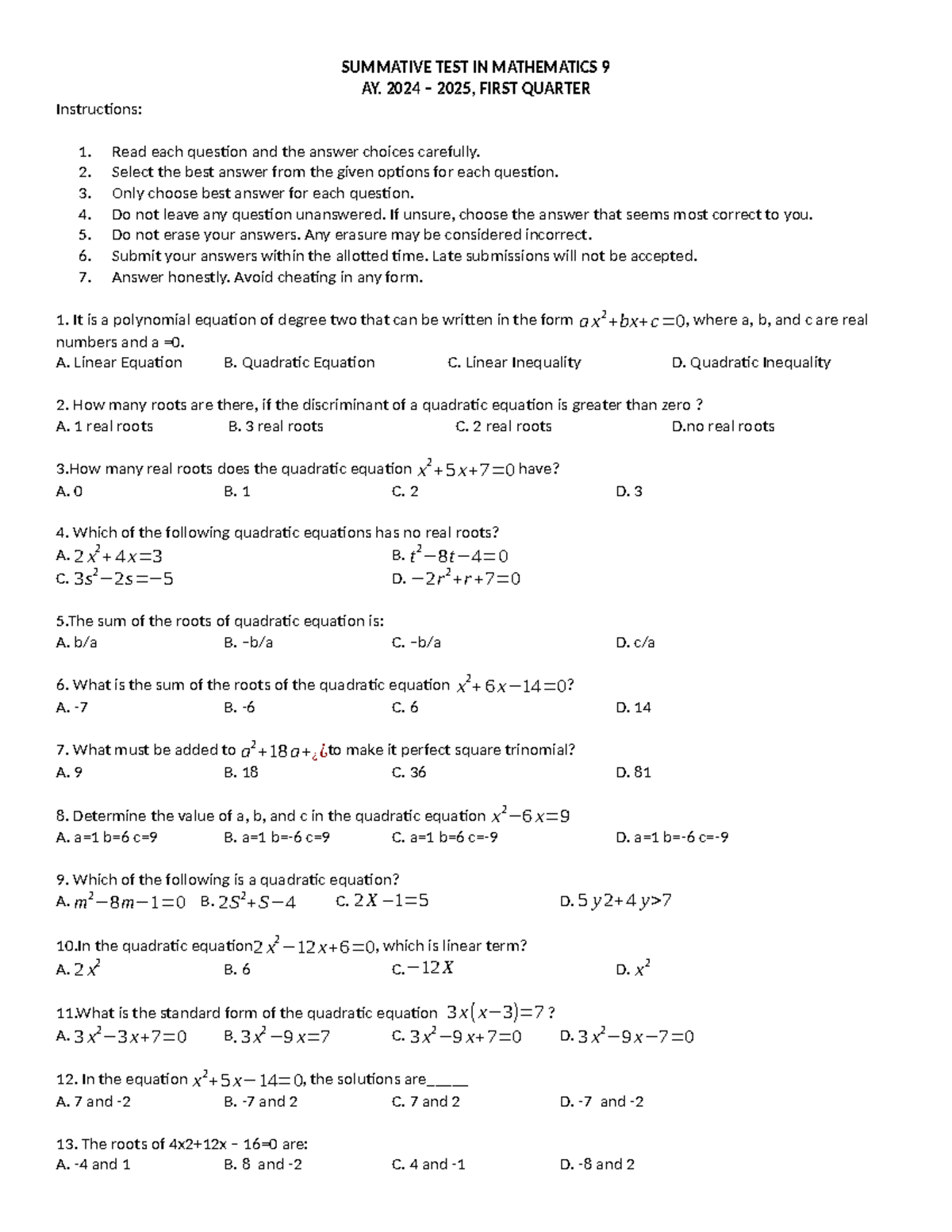 Summative TEST IN Mathematics 9 - SUMMATIVE TEST IN MATHEMATICS 9 AY ...