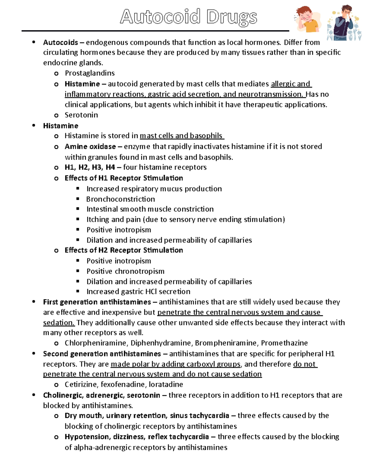 Autocoids study guide - DONE - Autocoids – endogenous compounds that ...