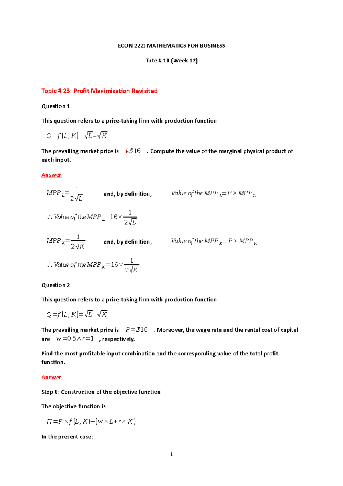 222, Tute # 10 (Answers) DONE - ECON 222: MATHEMATICS FOR BUSINESS Tute ...