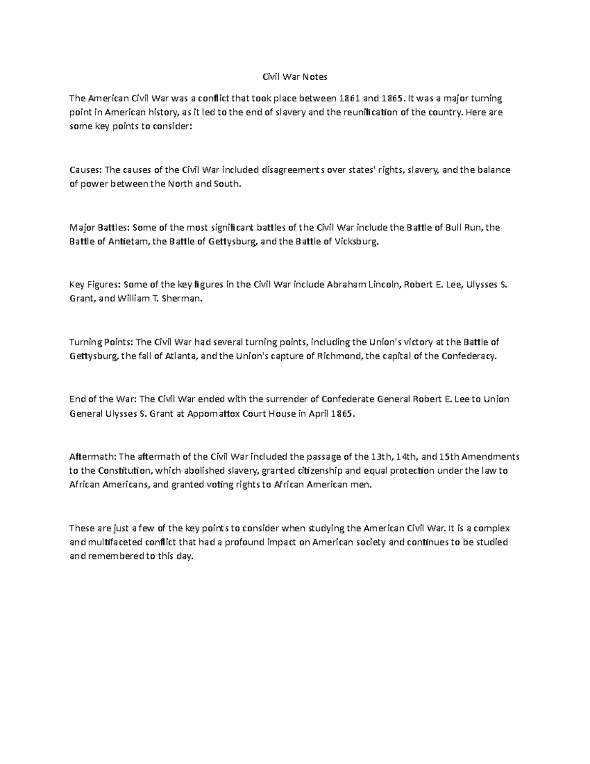 Civil War Notes - The American Civil War was a conflict that took place ...