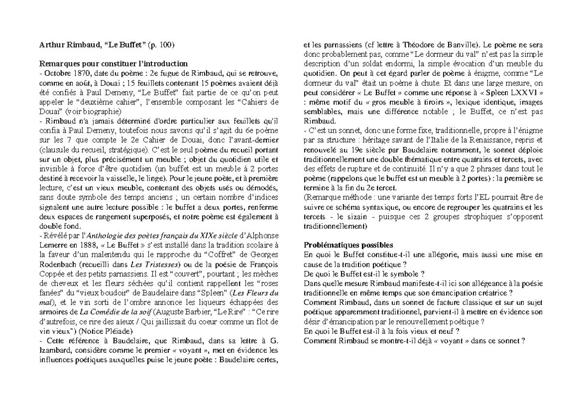 Le Buffet - Arthur Rimbaud, “Le Buffet” (p. 100) Remarques pour ...