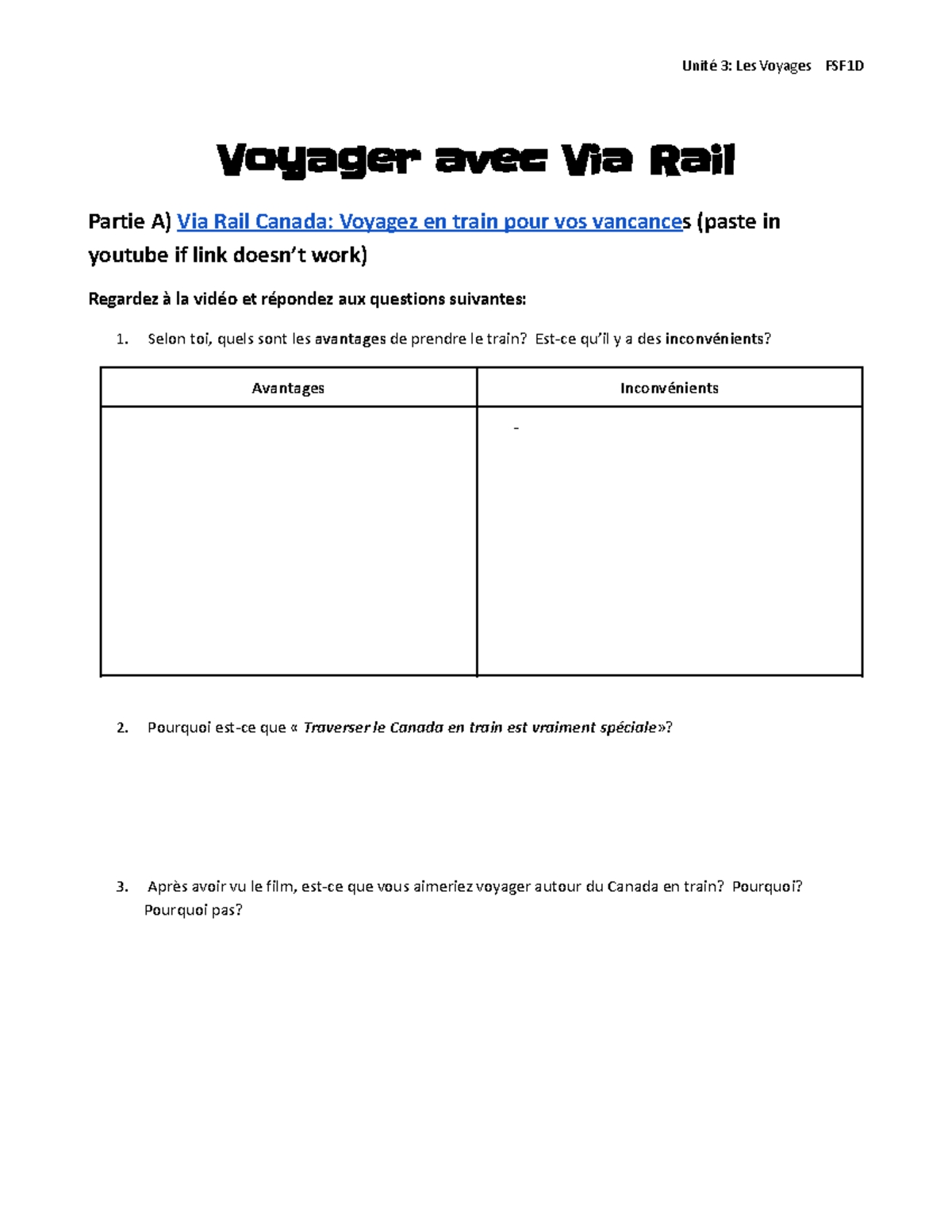 Listening Exercices - Unité 3: Les Voyages FSF1D Voyager avec Via Rail ...