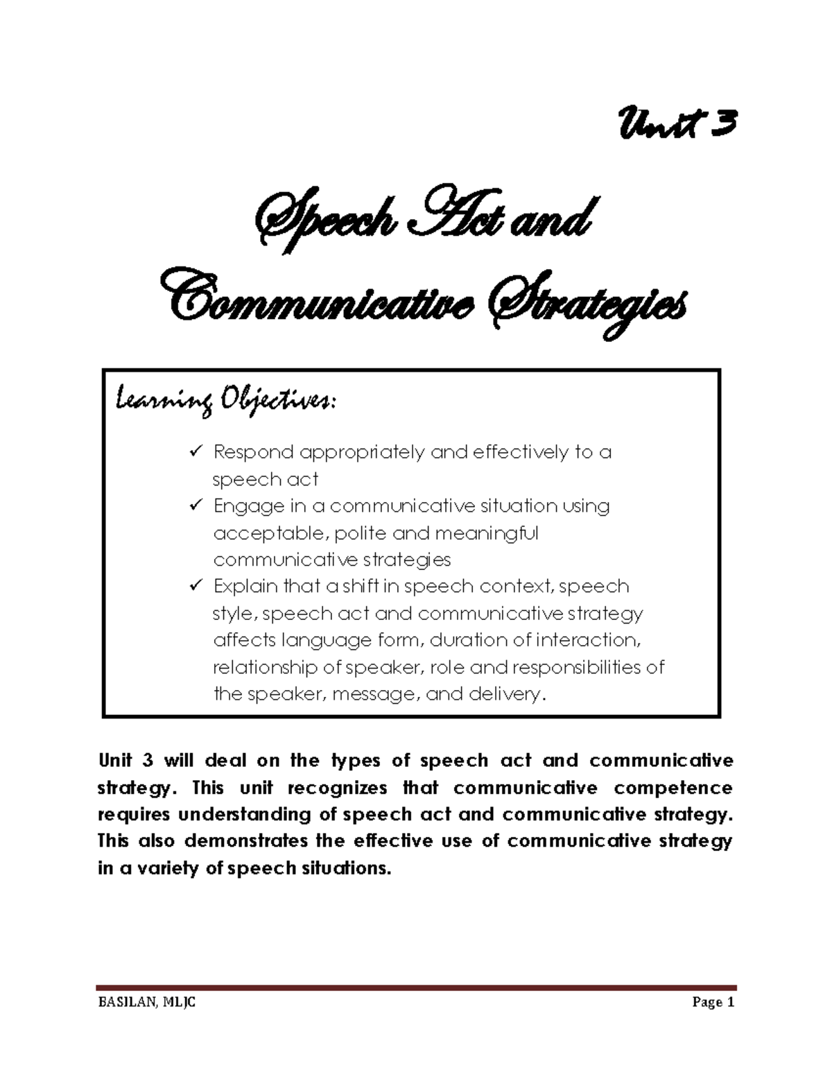 Unit 3 oral com - english - Unit 3 Speech Act and Communicative ...