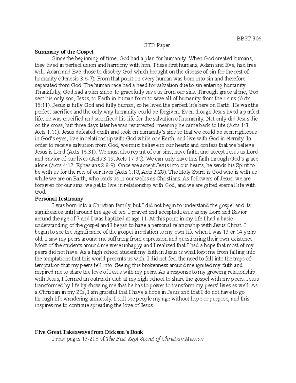 Gospel Testimony Doctrine Essay - BBST 306 GTD Paper Summary of the ...