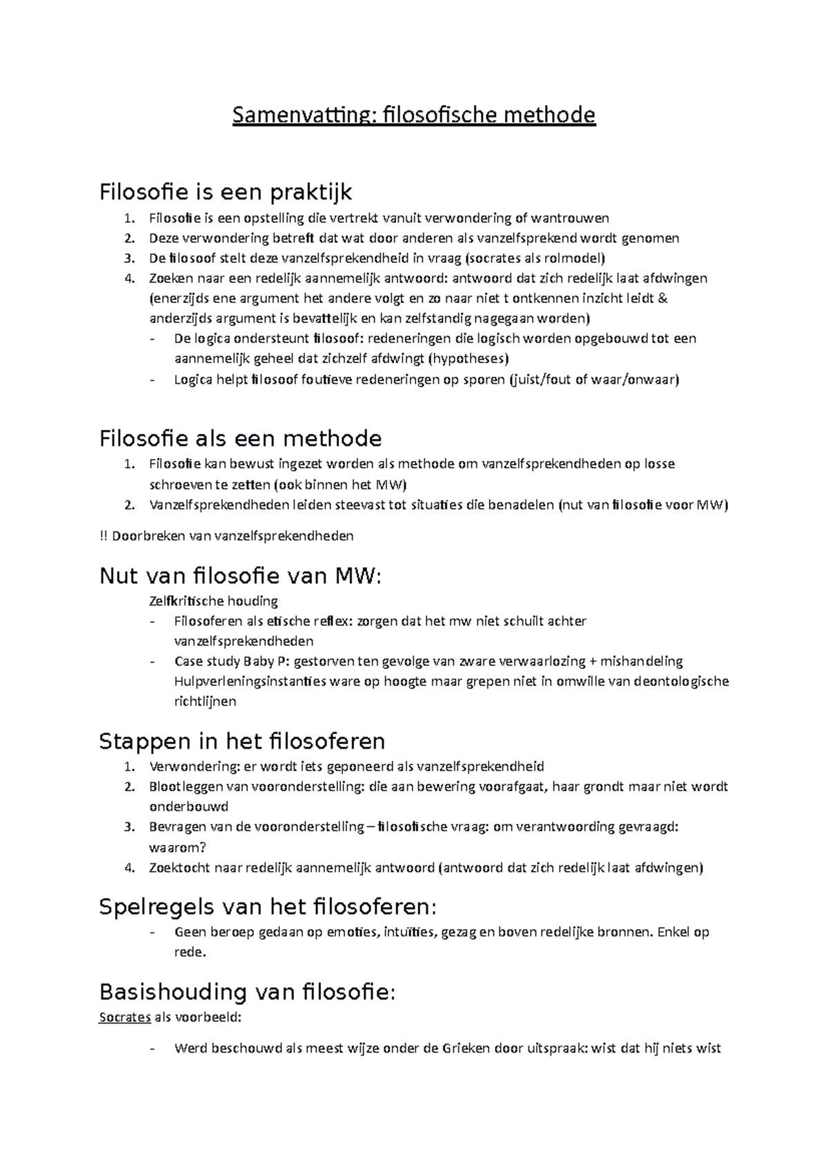 Samenvatting filosofie graduaat maatschappelijk werk - Samenvatting: filosofische methode ...