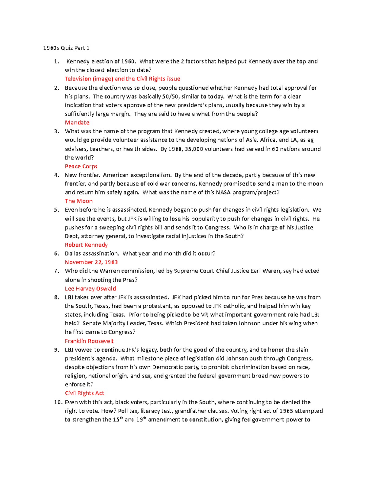 1960s Quiz Part 1 No Answers - 1960s Quiz Part 1 Kennedy election of ...