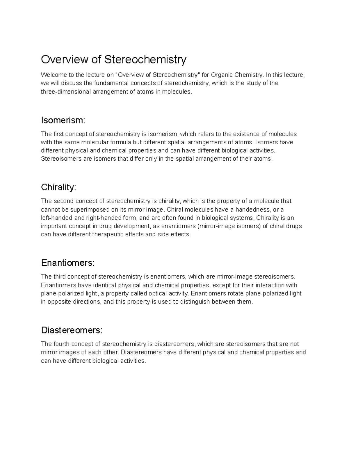 Organic Chemistry II (CHM-2020 ) Lecture 4- Overview of Stereochemistry ...