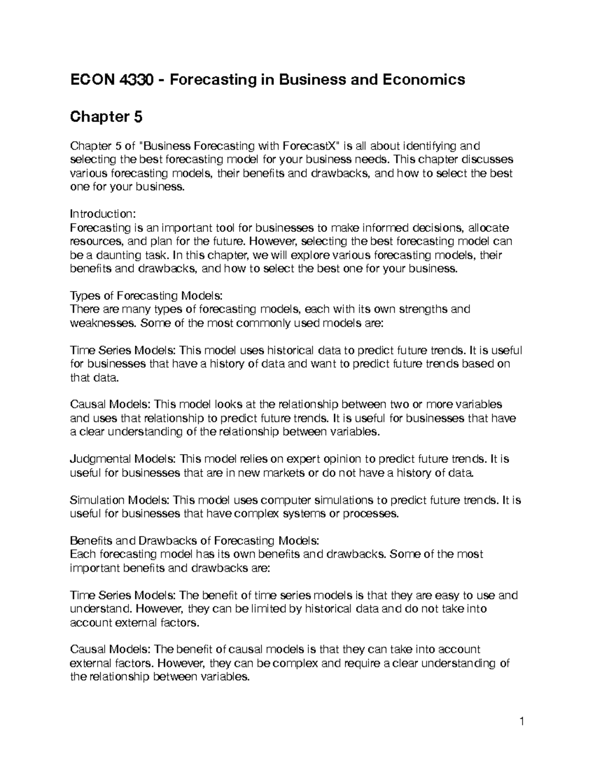 ECON 4330 - Chapter 5 - ECON 4330 - Forecasting in Business and Economics Chapter 5 Chapter 5 of ...