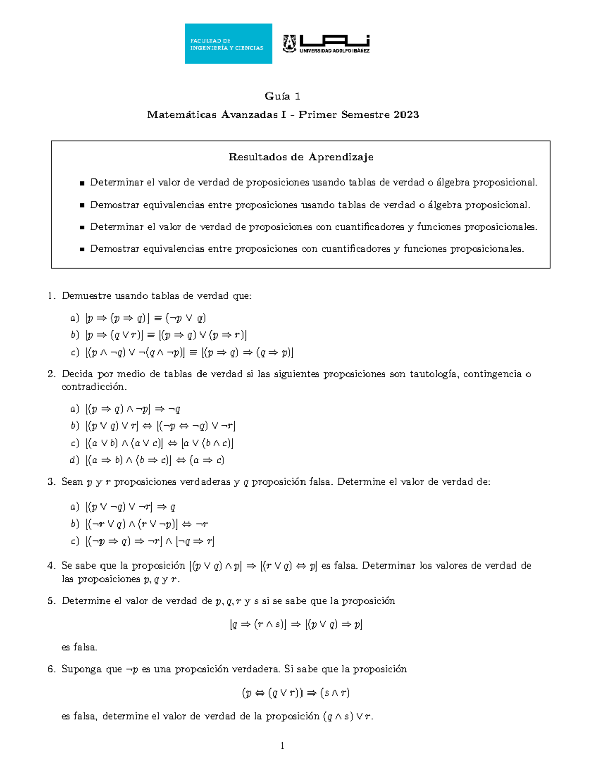 Guia 1 MAI 2023-1 - Guía Estudio Primer control - Gu ́ıa 1 Matem ́aticas Avanzadas I - Primer ...