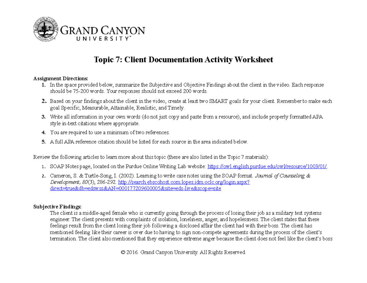 BHS-350 Topic 7 - Client Documentation Worksheet - Topic 7: Client Documentation Activity ...