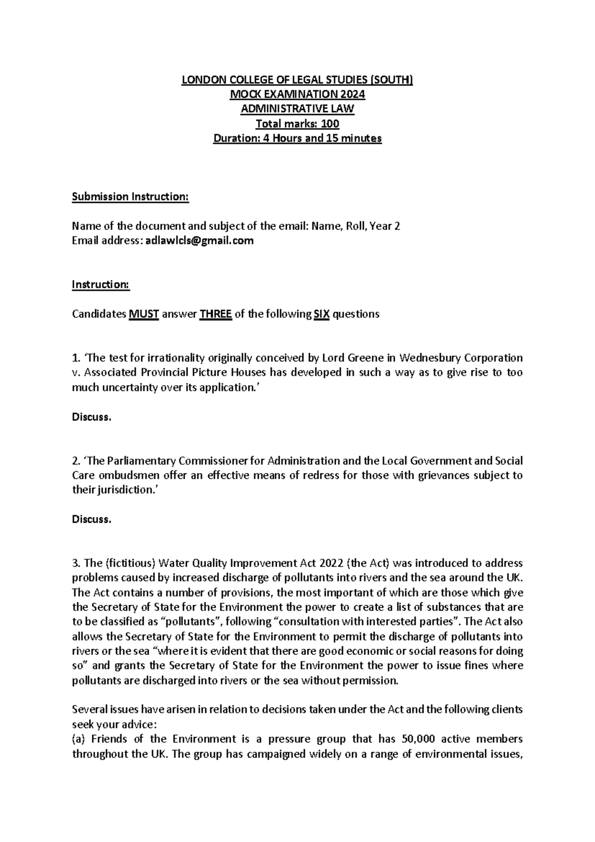 Admin LAW MOCK 2024 - LONDON COLLEGE OF LEGAL STUDIES (SOUTH) MOCK ...