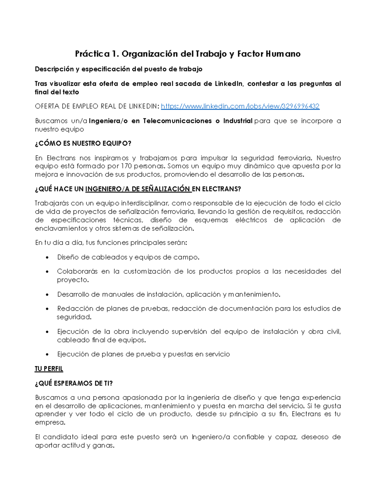 Práctica 1 Organización del Trabajo y Factor Humano - Práctica 1. Organización del Trabajo y ...