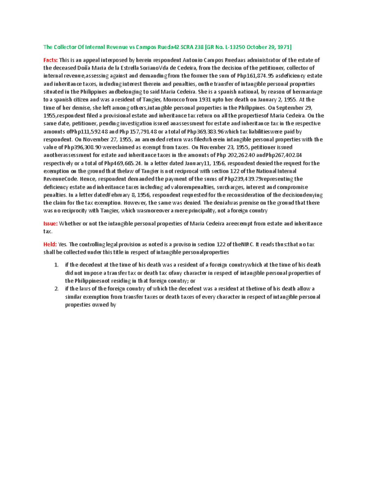 Case Digest 23 - The Collector Of Internal Revenue vs Campos Rueda42 ...