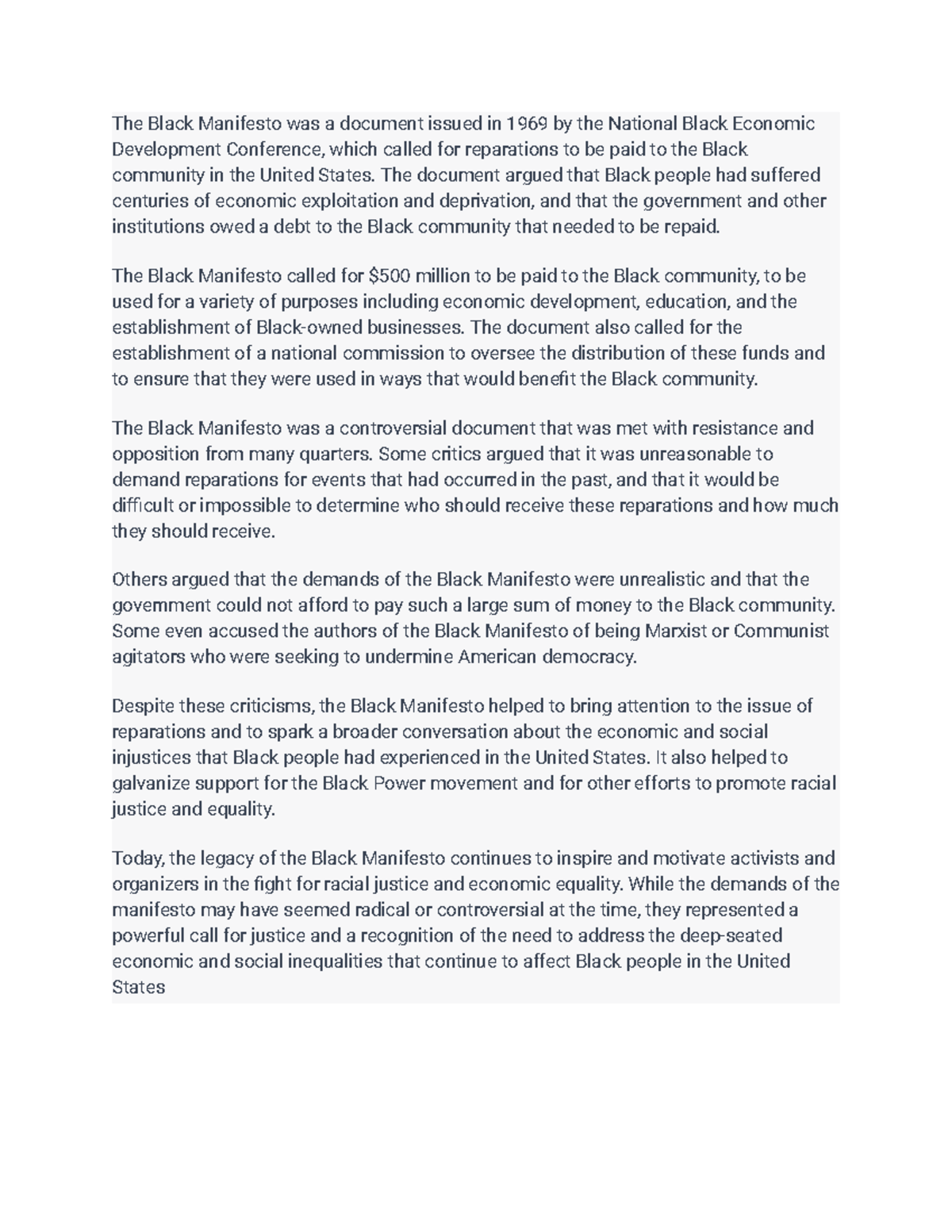 Black Manifesto - The document argued that Black people had suffered ...