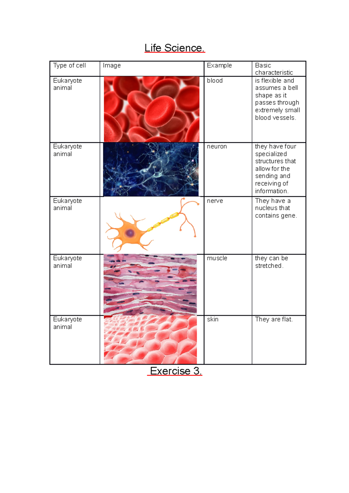 Life Science exercise 3 - Life Science. Type of cell Image Example ...
