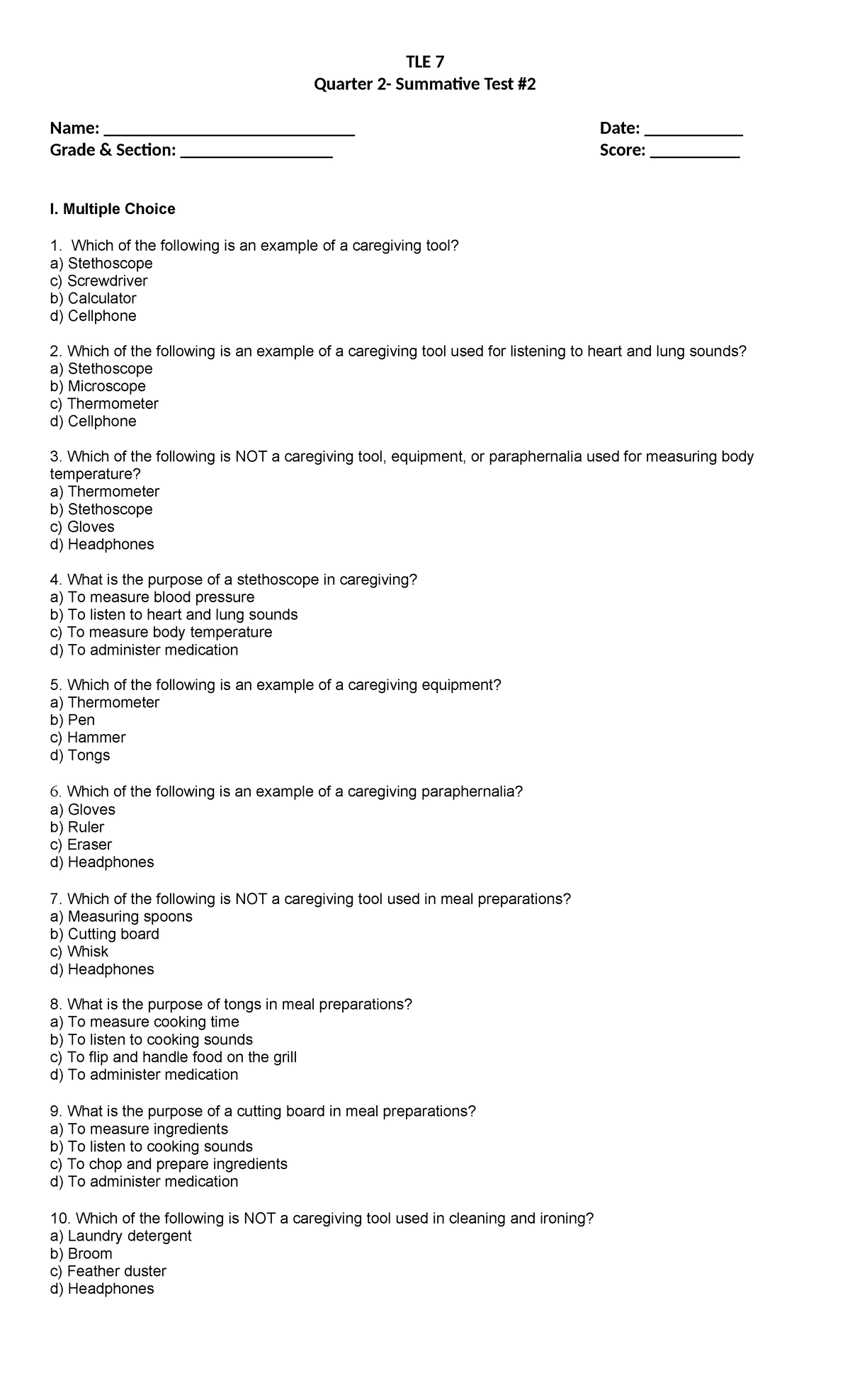 Summative 2 - TLE 7 Quarter 2- Summative Test Name ...