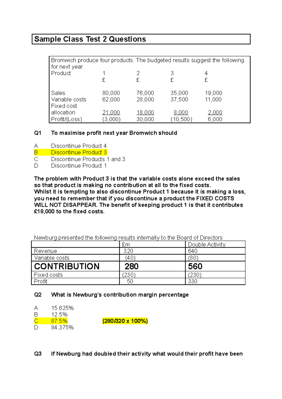 Accounting solution week 9 - Sample Class Test 2 Questions Bromwich ...