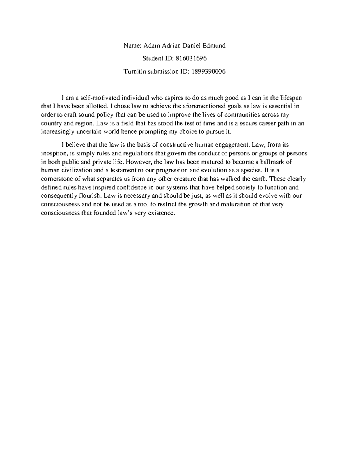 Personal Essay - njjn - Name: Adam Adrian Daniel Edmund Student ID ...