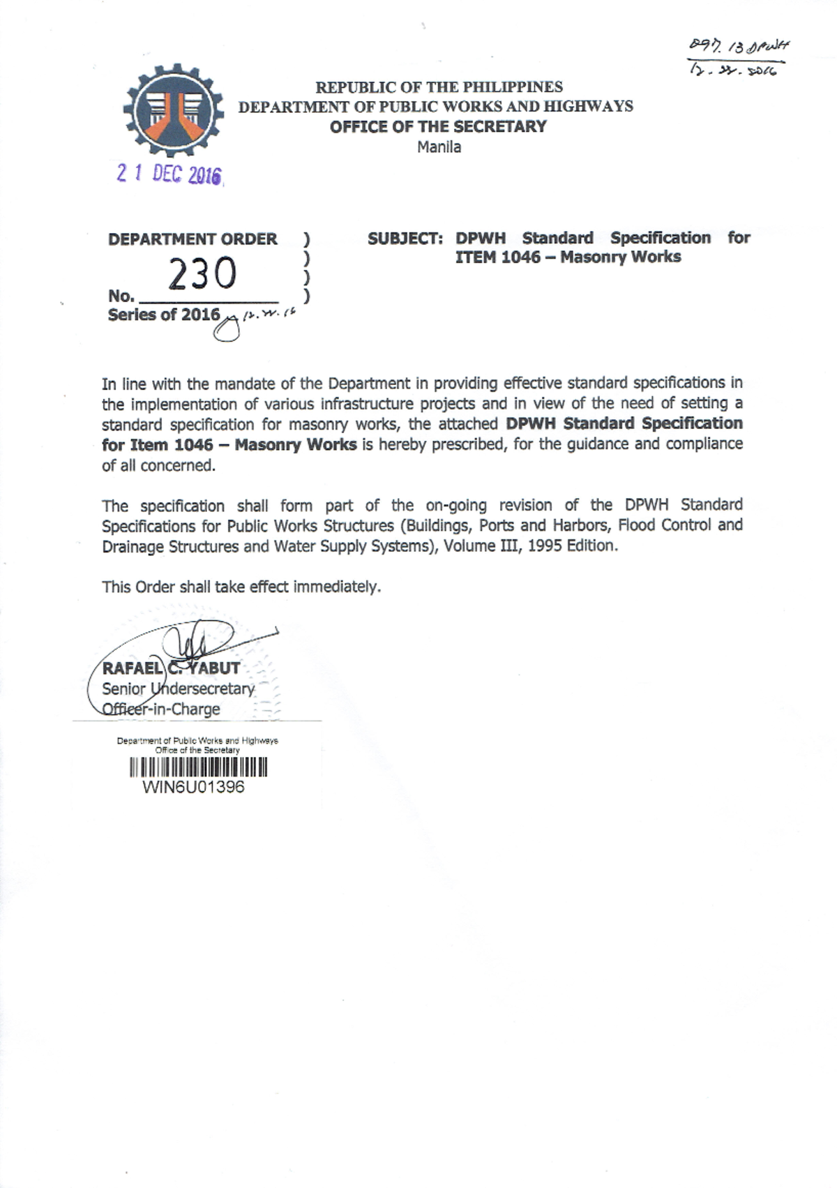 DPWH Standard Specification for Masonry Works - 097 12.33 REPUBLIC OF ...