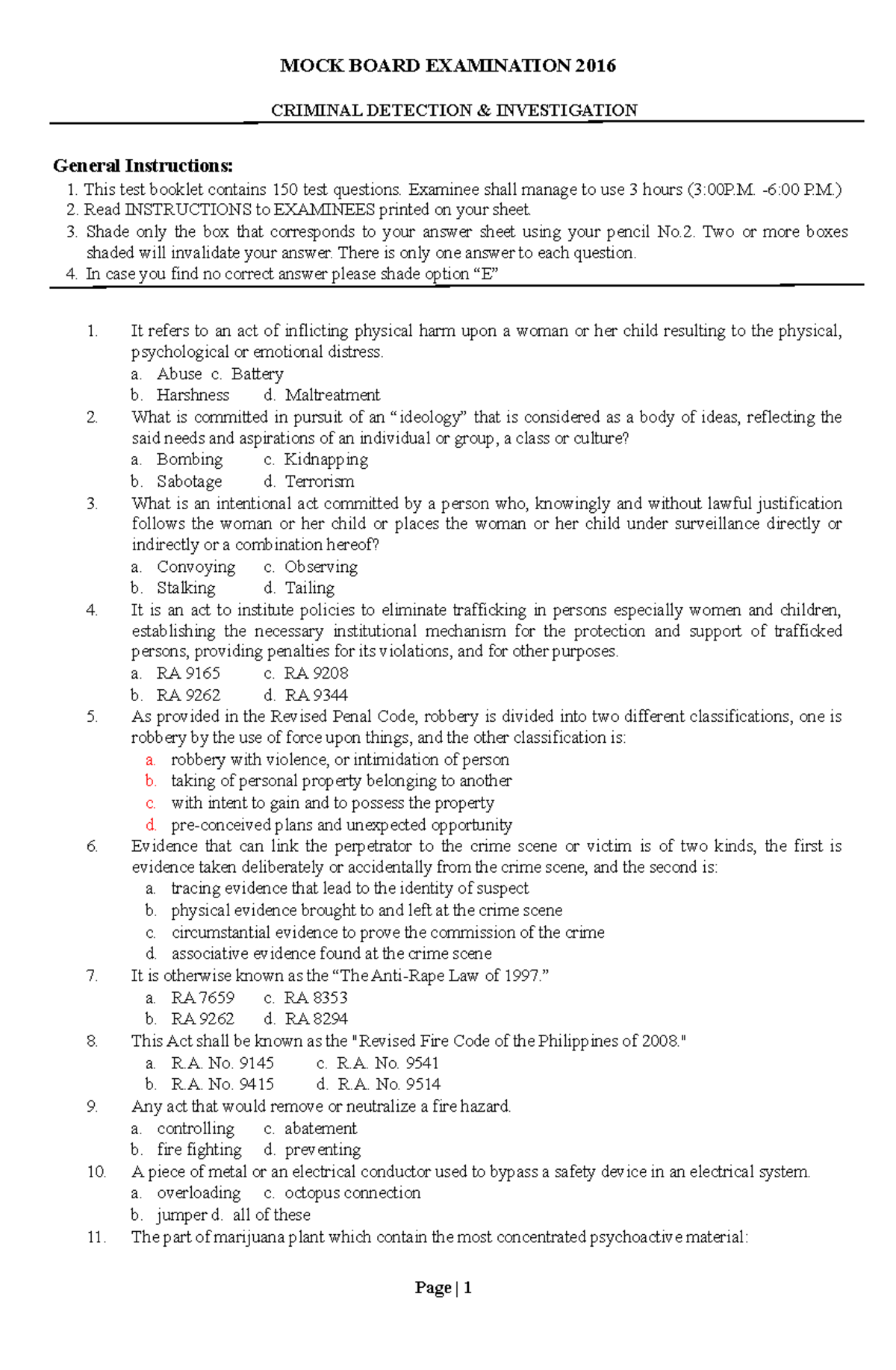 CDI - Answer and questions - MOCK BOARD EXAMINATION 2016 CRIMINAL ...