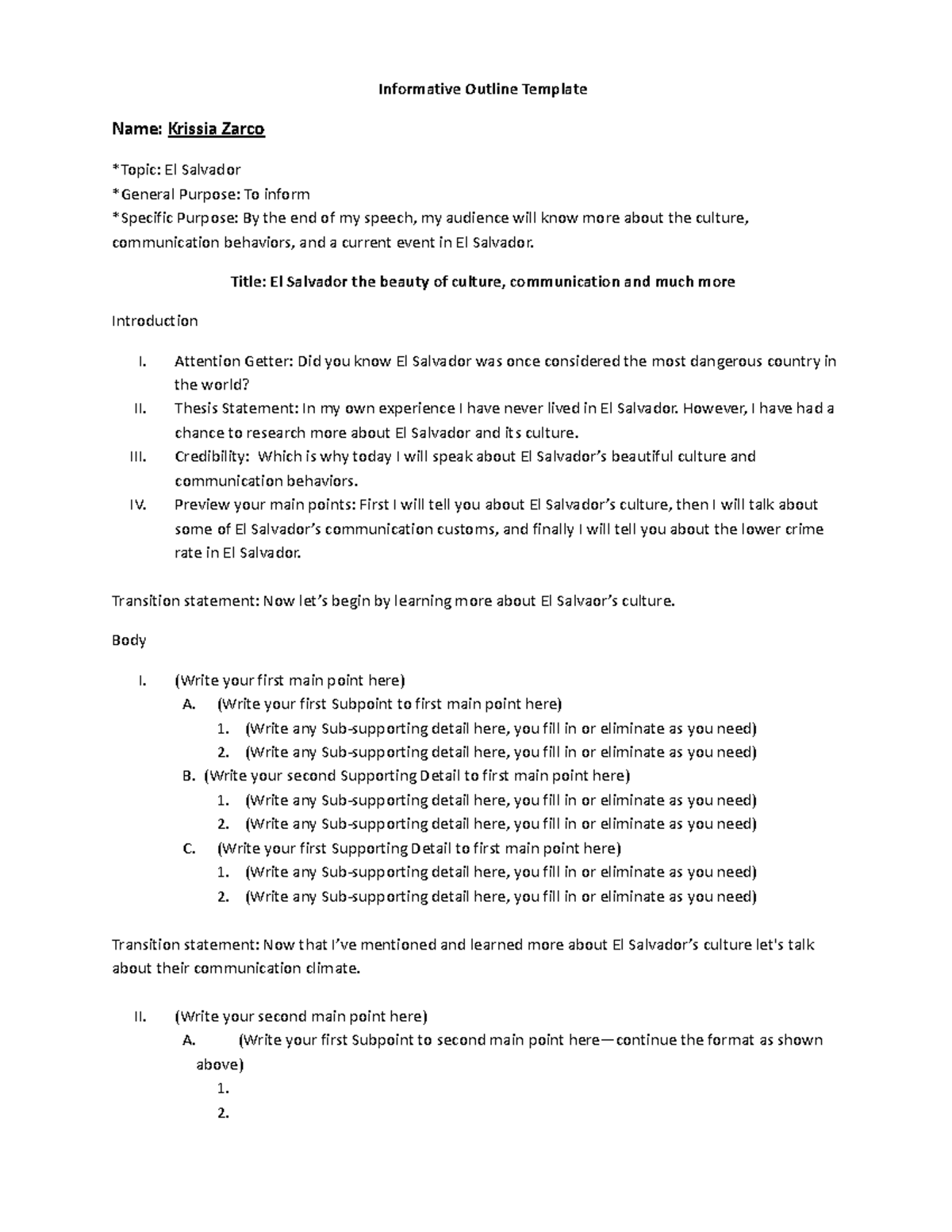 Speech #2 Informative Speech Template - SP23 - Informative Outline ...