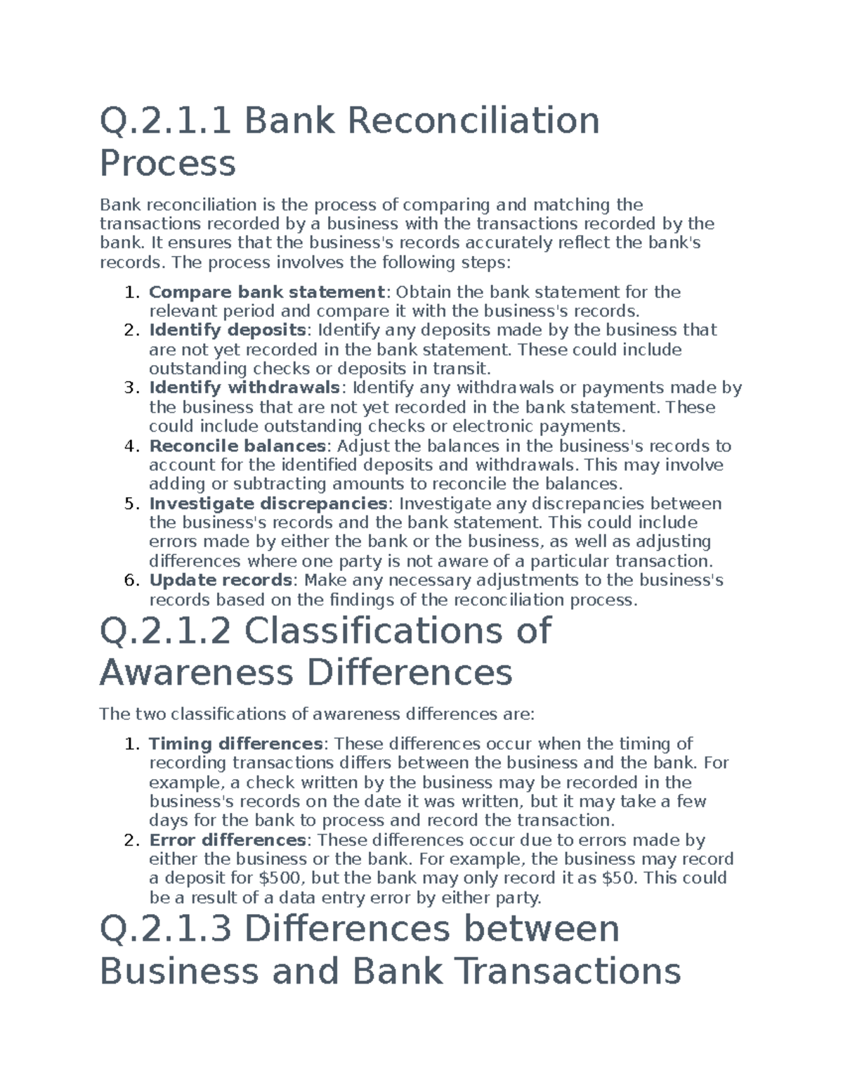 Accounting answers A1B - Q.2.1 Bank Reconciliation Process Bank ...