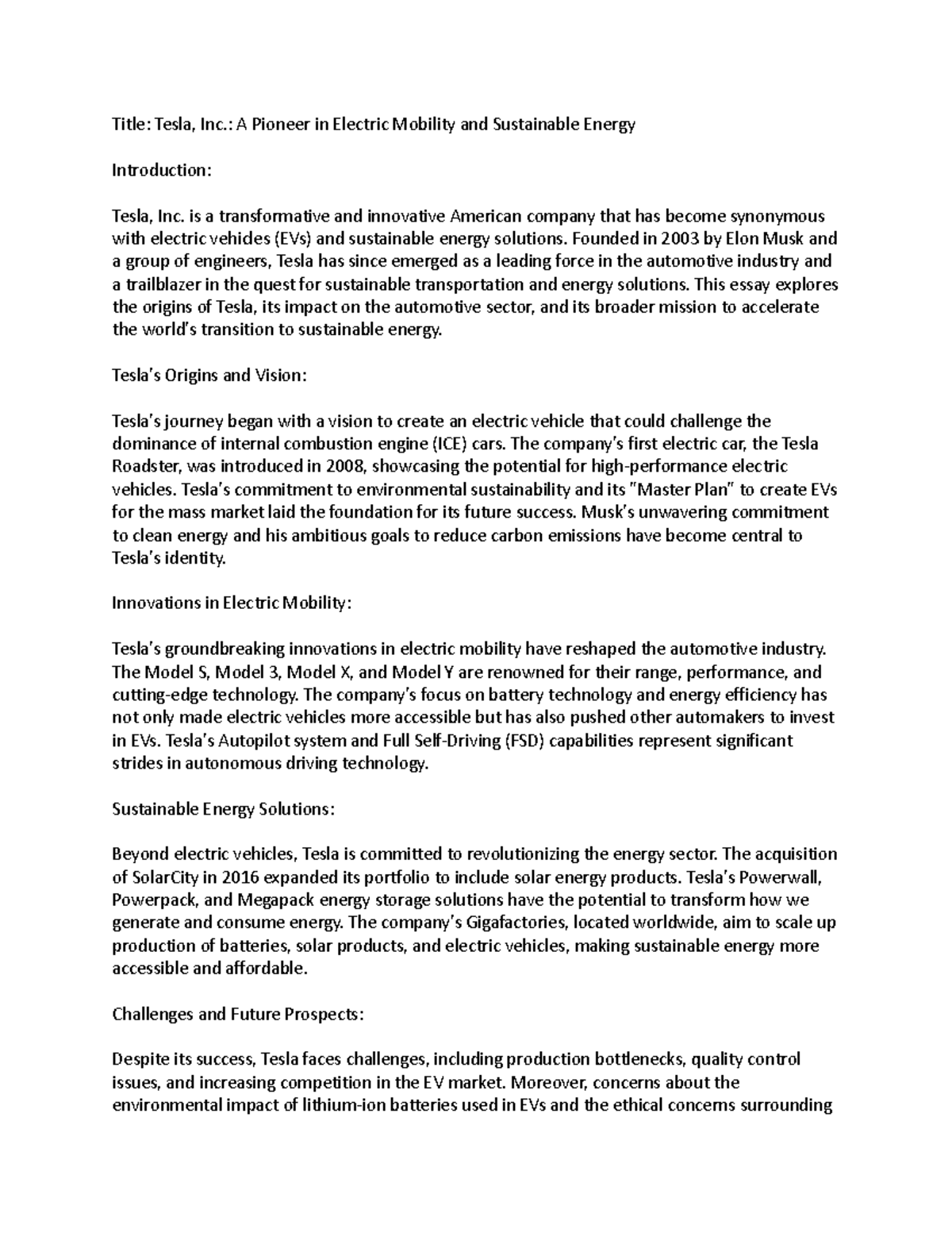 Tesla - good essay - Title: Tesla, Inc.: A Pioneer in Electric Mobility ...