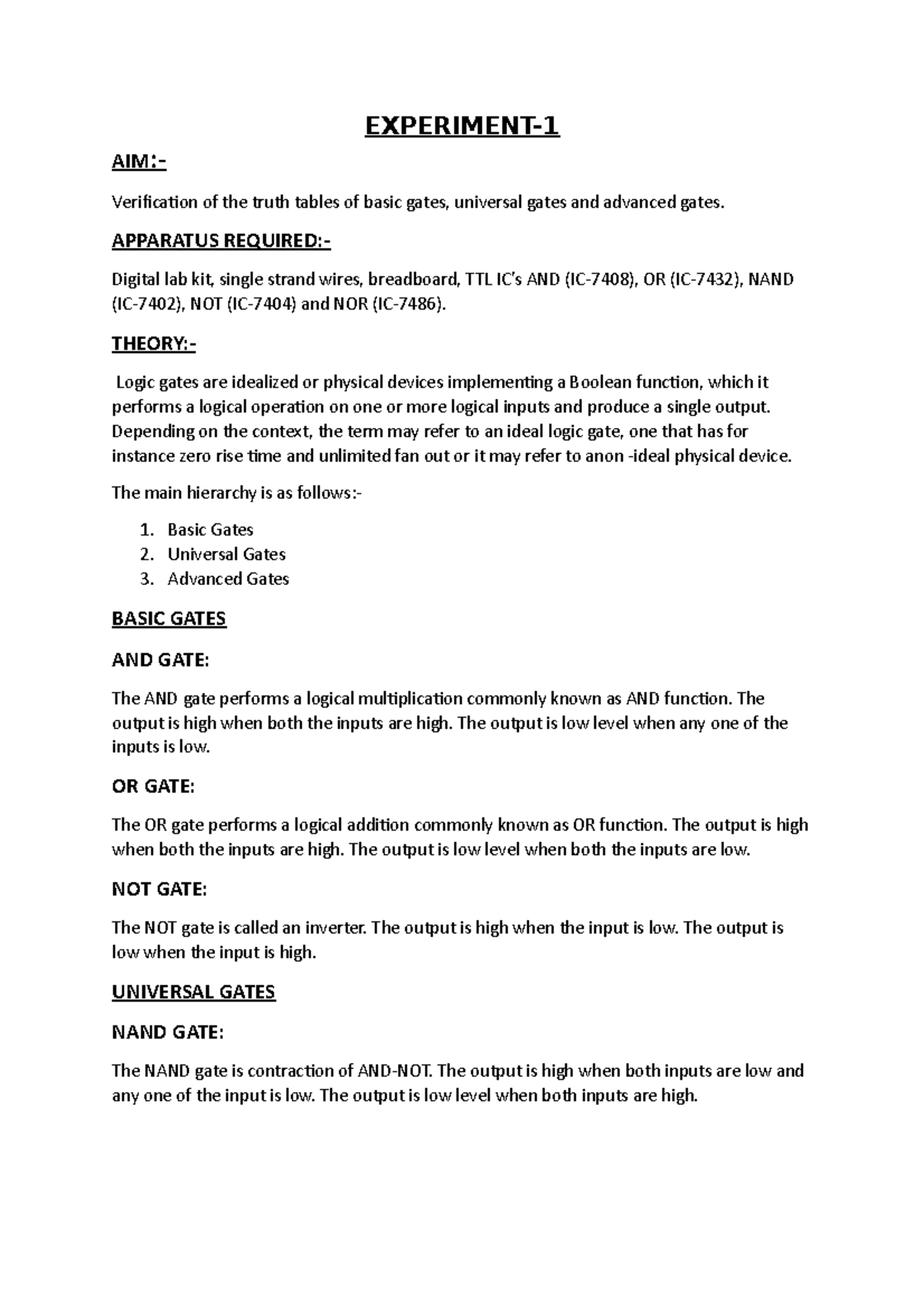 COA Experiment 1 - computer organisation - EXPERIMENT- AIM:- Verification of the truth tables of ...