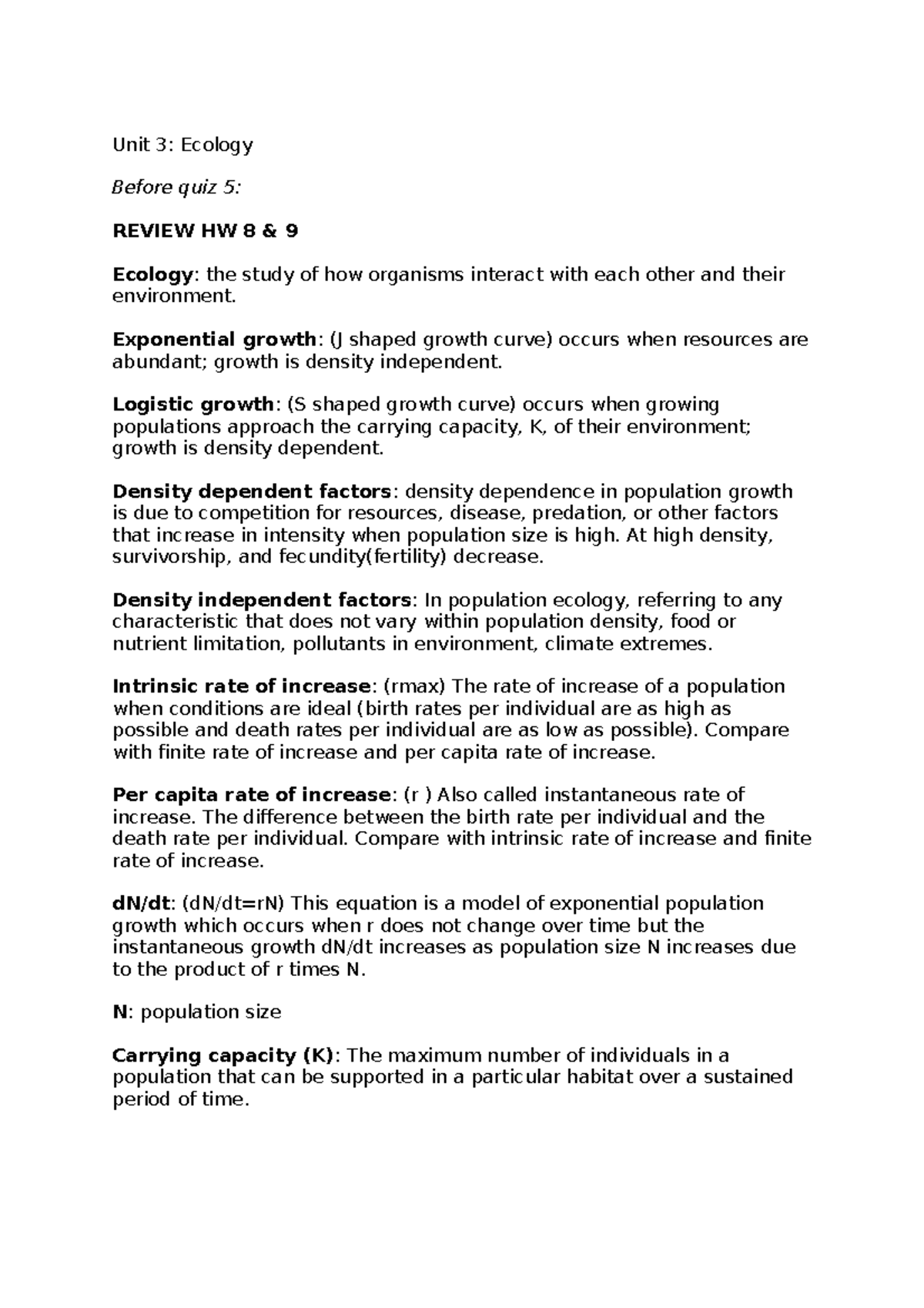 Quiz 5 Unit 3 - study guide for quiz 5 - Unit 3: Ecology Before quiz 5 ...