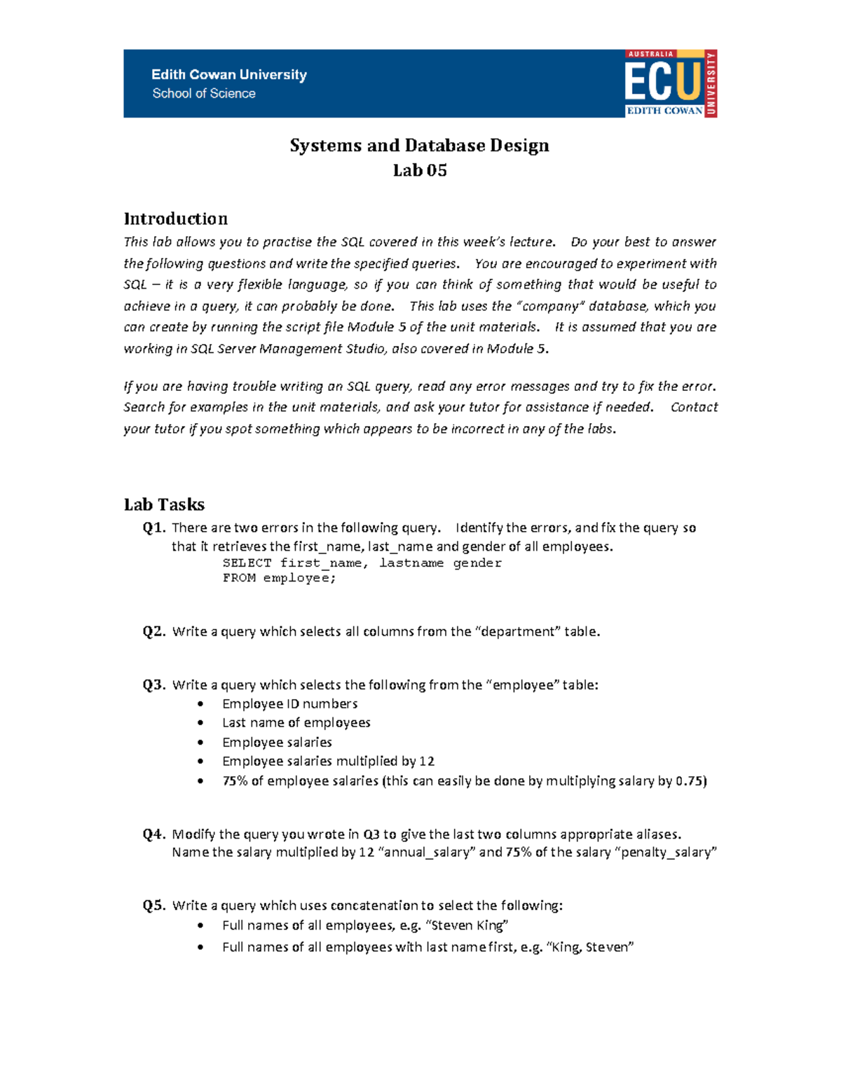 System and database design Tasks - Systems and Database Design Lab 05 ...