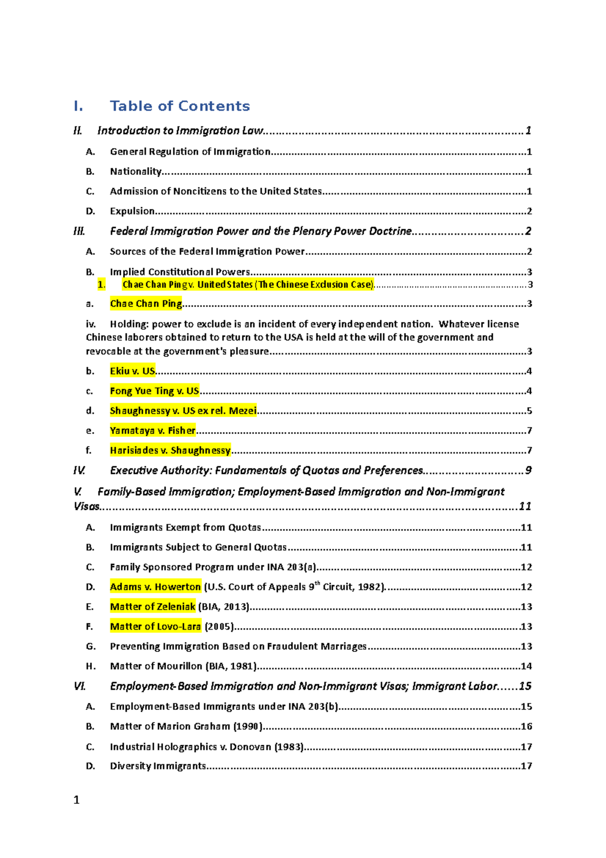 Immigration Outline - I. Table of Contents iv. Holding: power to ...