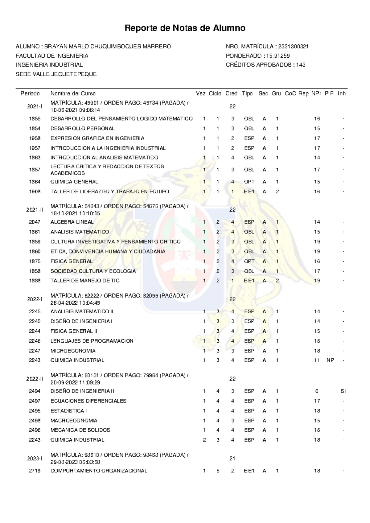 Record - efeefefe - Reporte de Notas de Alumno ALUMNO : BRAYAN MARLO CHUQUIMBOQUES MARRERO NRO ...