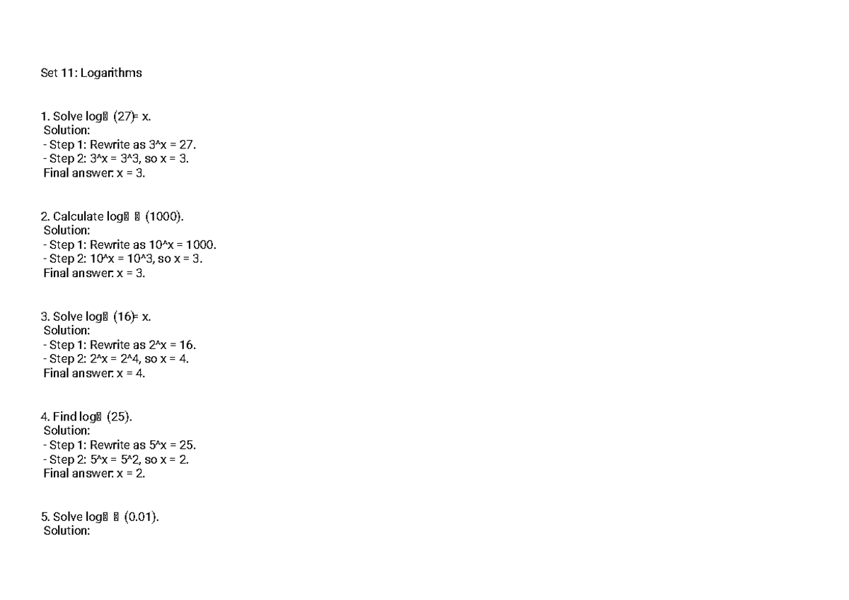 Math next test 2024 - next test - Set 11: Logarithms Solve log(27)= x ...
