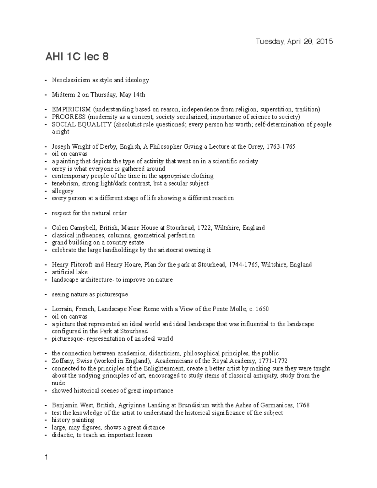AHI 1C lec 8 - Lecture notes 8 - Tuesday, April 28, 2015 AHI 1C lec 8 ...