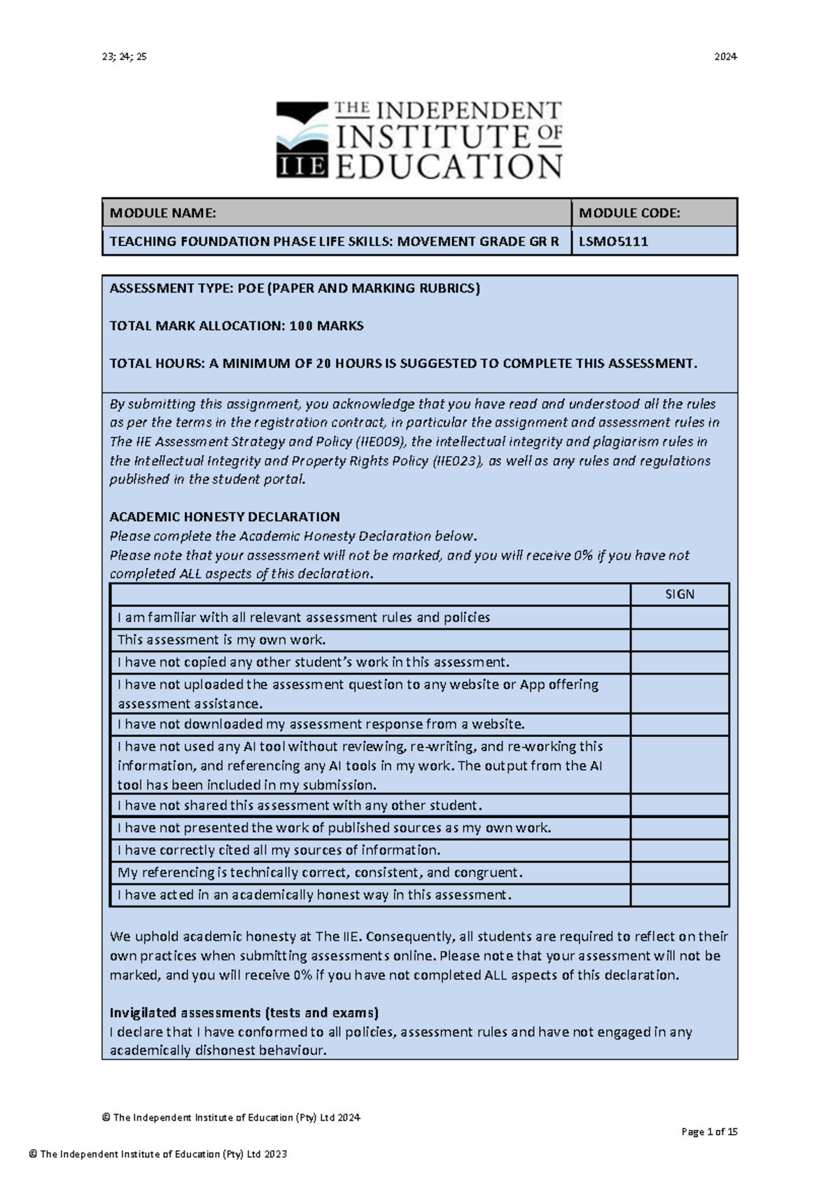 POE document for movement - © The Independent Institute of Education ...