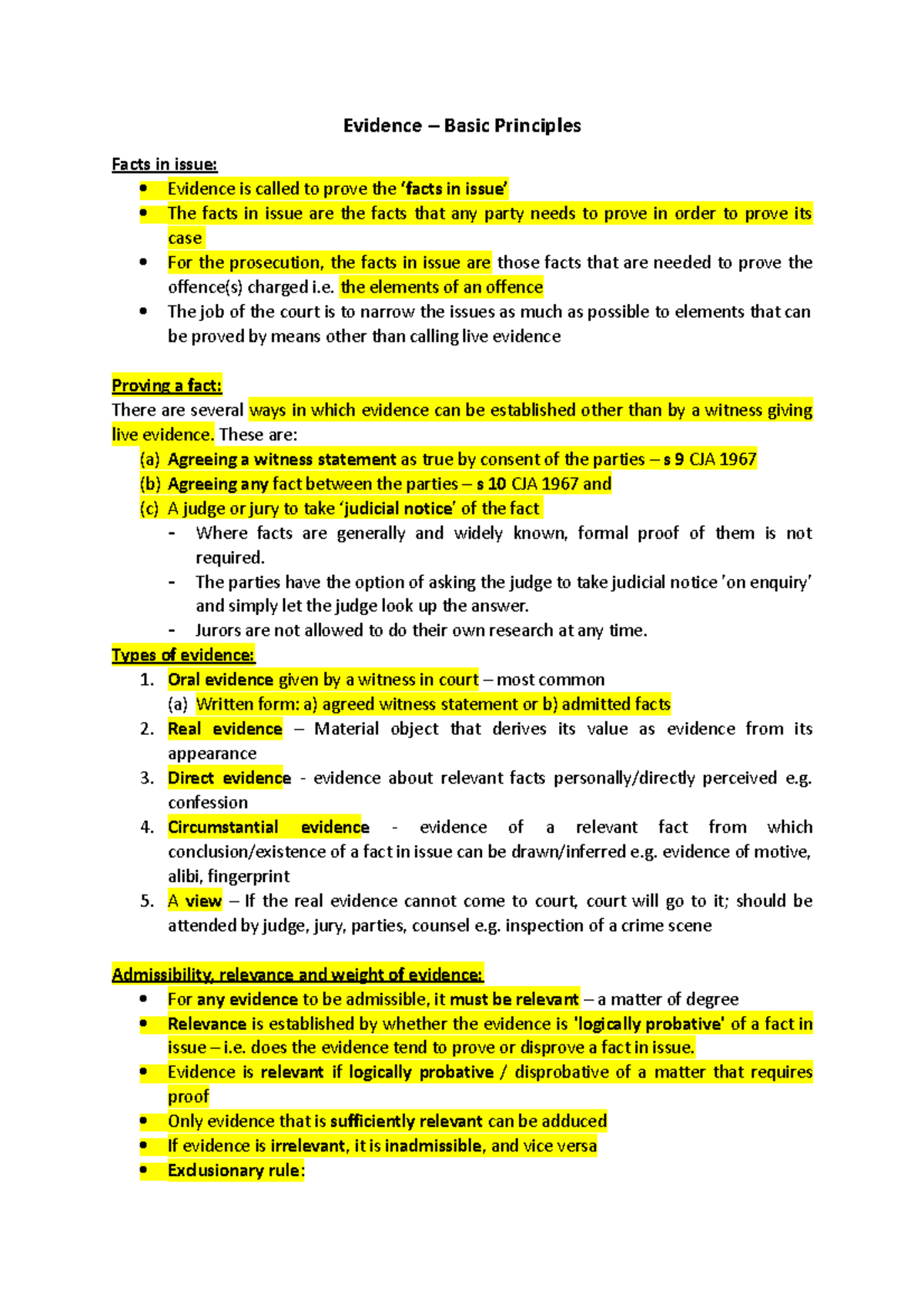 Evidence and Legal Burden Notes - Evidence – Basic Principles Facts in ...