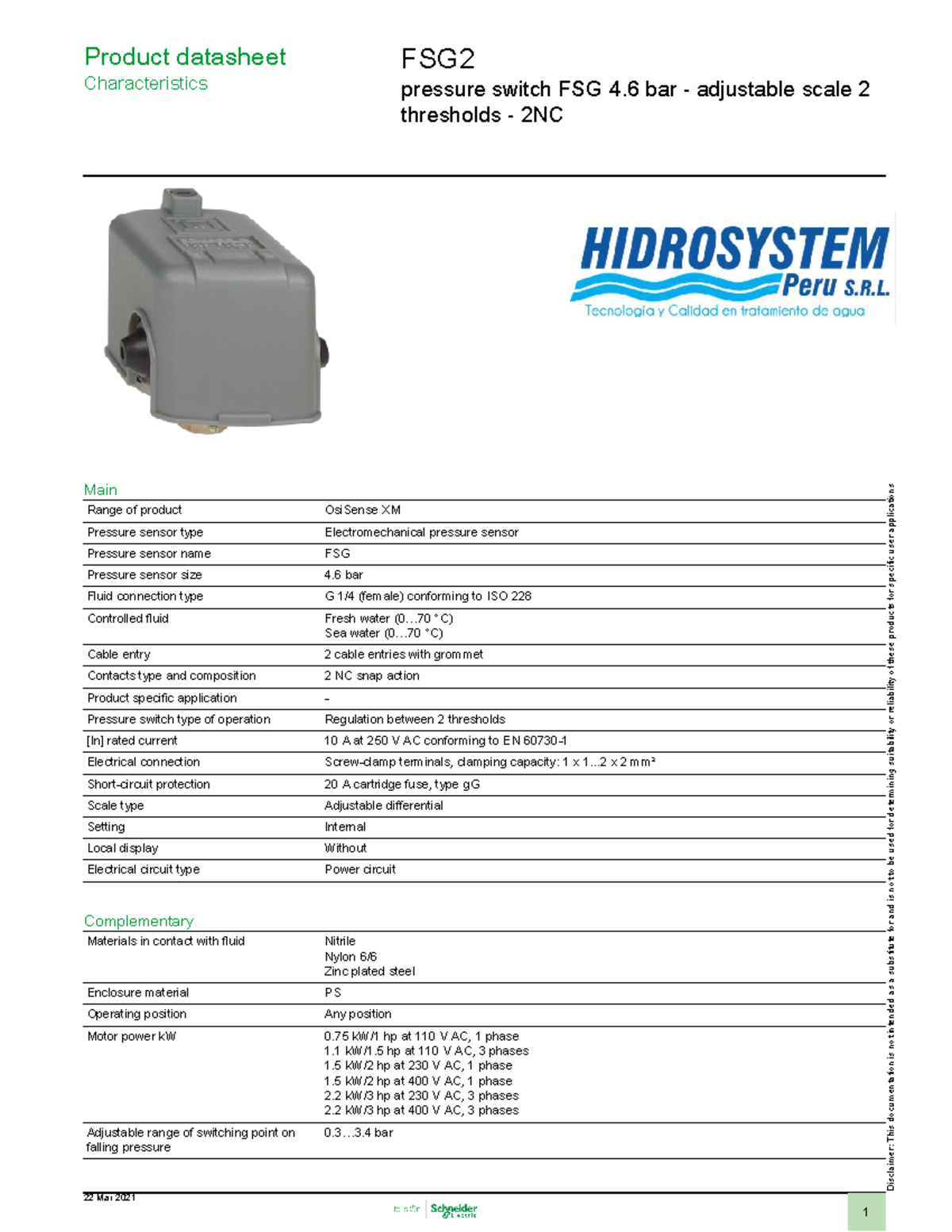 Ficha Tecnica Presostato Squard FSG2 - Characteristics FSG pressure switch FSG 4 bar ...