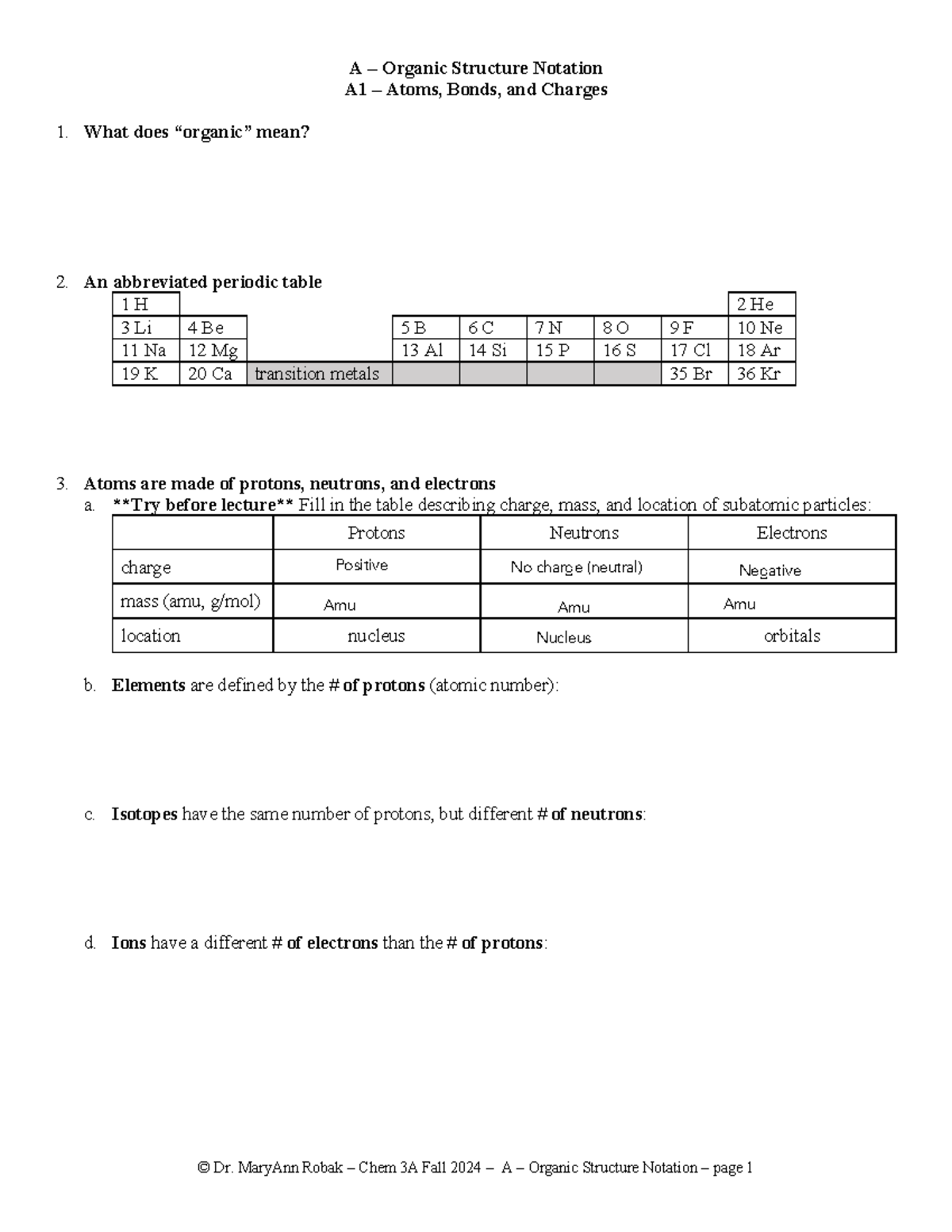 Chem 3a Lecture Preview A - © Dr. MaryAnn Robak – Chem 3A Fall 202 4 ...