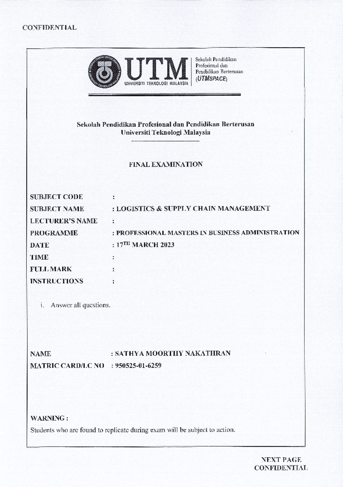 EXAM- Integrate Supply Chain & Logistics Management (Done) - Supply ...