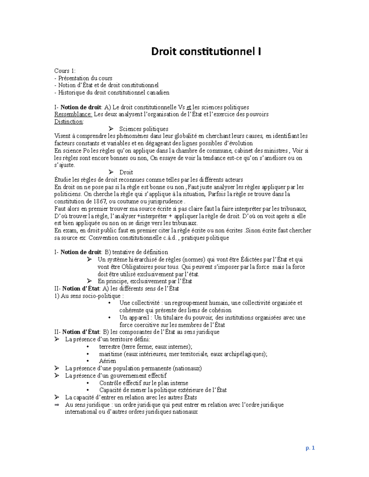 Cours 1 -Droit constitutionnel I - Droit constitutionnel I Cours 1 ...