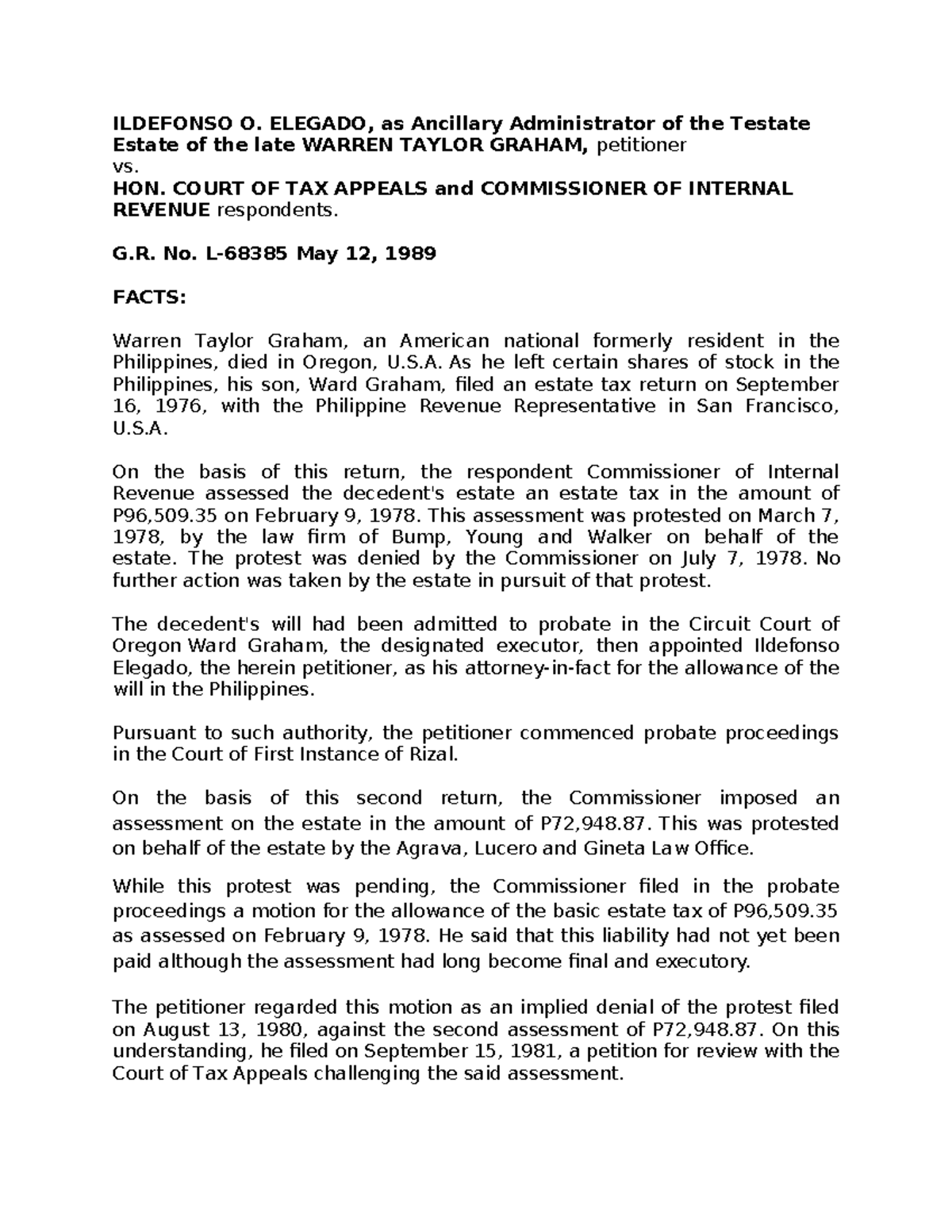 Elegado vs. Court of Tax Appeals, G.R. No. L-68385 - ILDEFONSO O ...